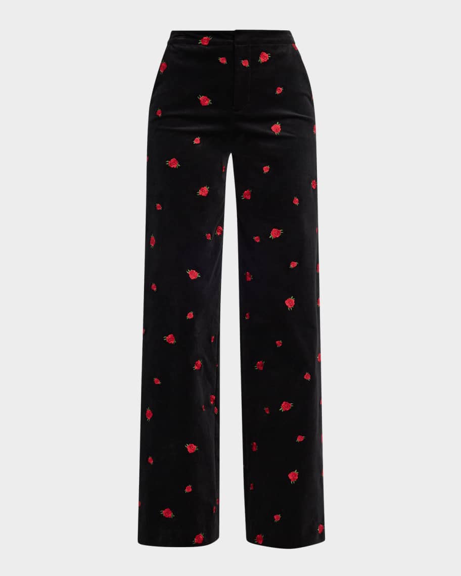 L'Agence Rose Embroidered Livvy Straight-Leg Velvet Pants | Neiman Marcus