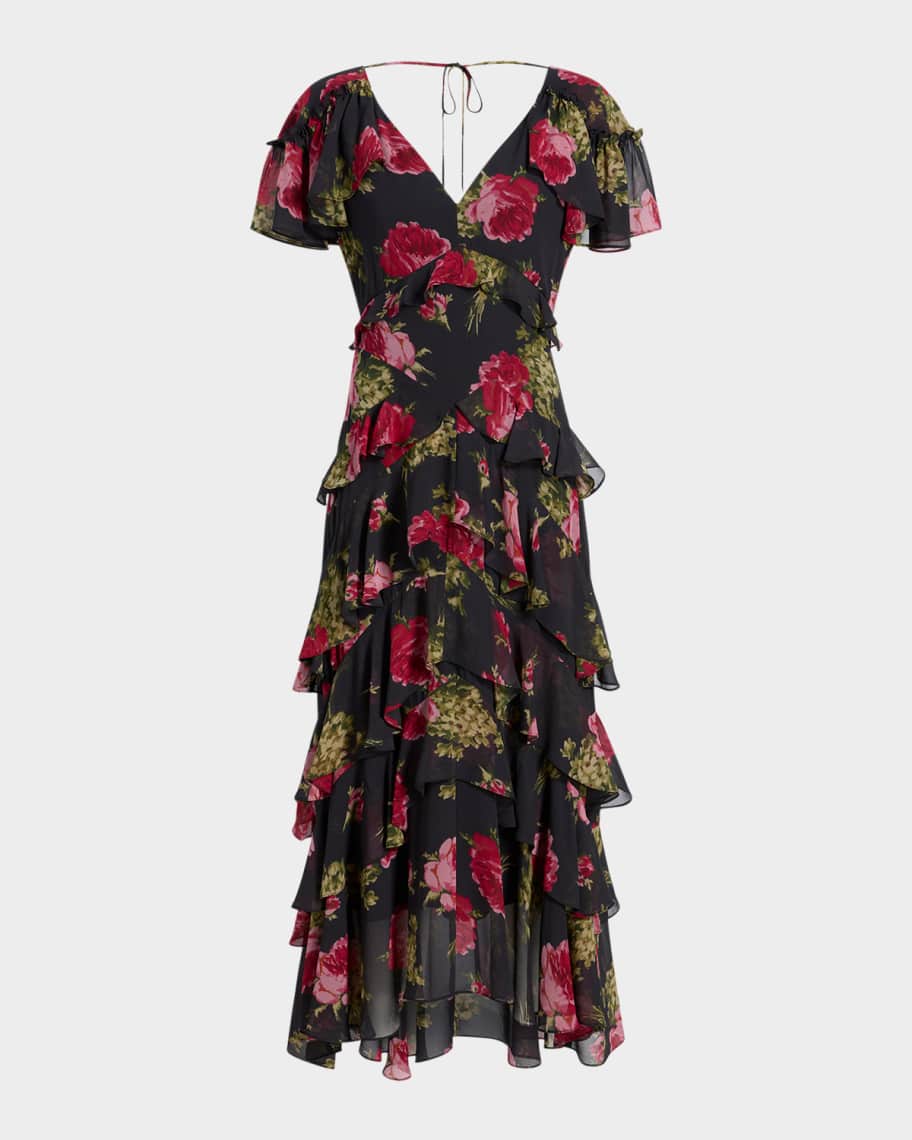 Cinq a Sept Baroque Roses Tatum Tiered Ruffle Midi Dress | Neiman Marcus