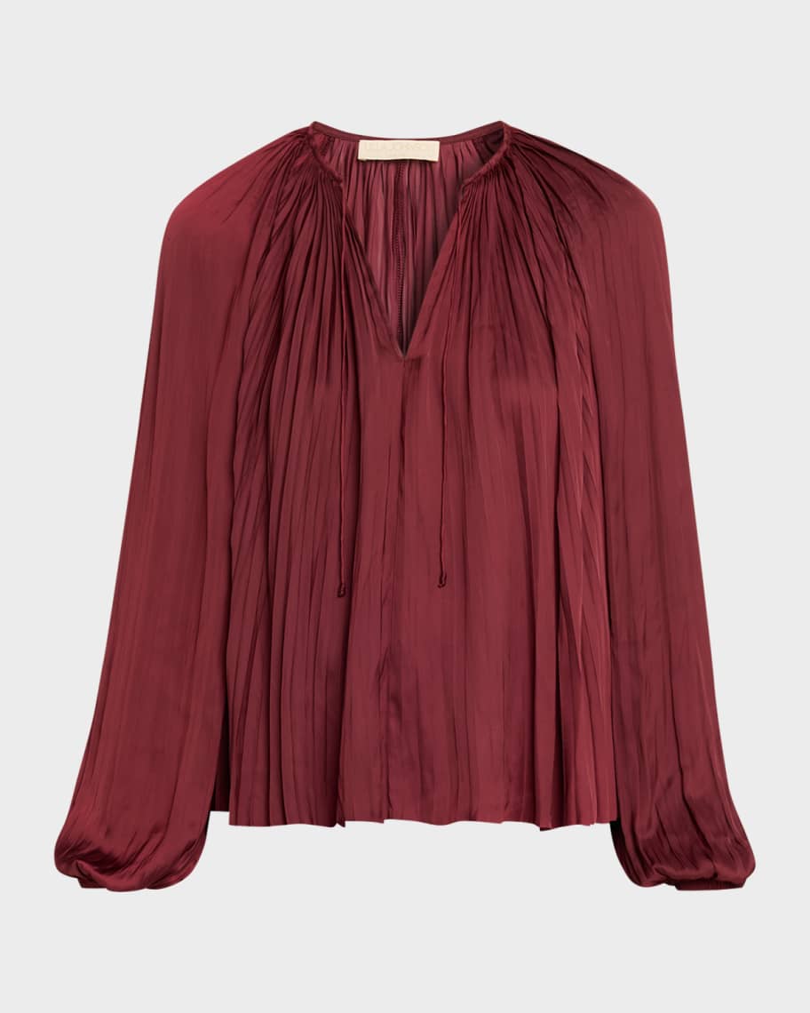 Ulla Johnson Electra Pleated Satin Peasant Blouse | Neiman Marcus