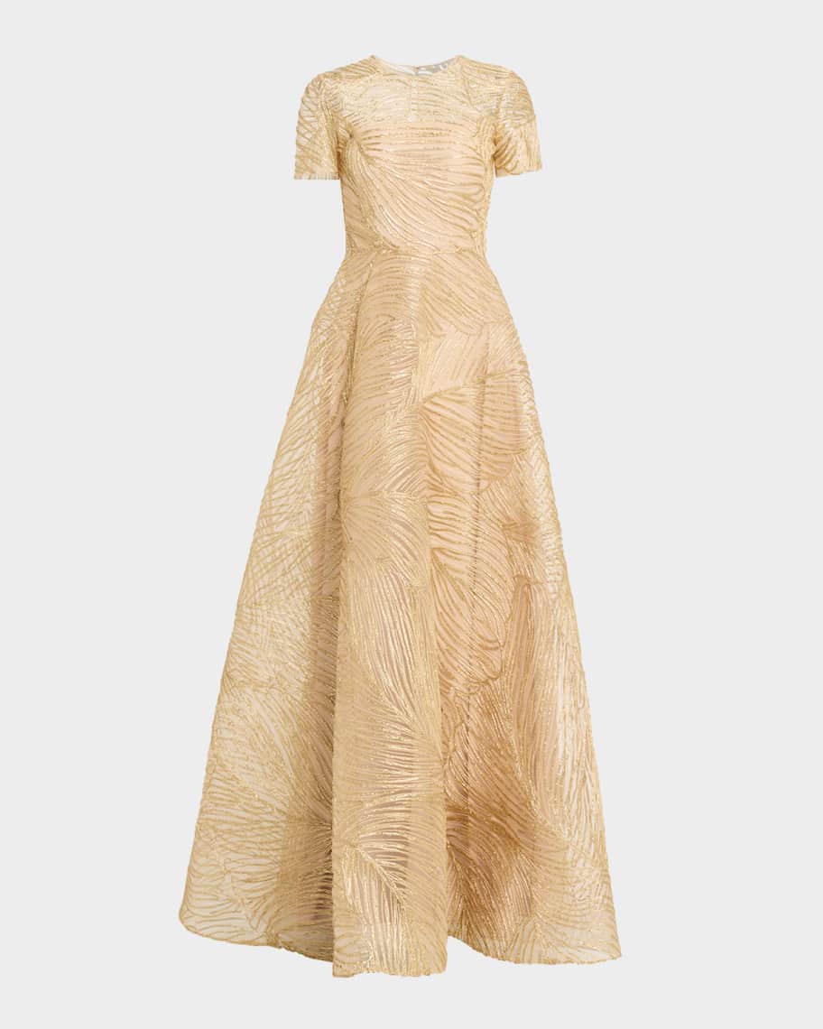 Naeem Khan Metallic Raffia Embroidered Short-Sleeve Gown | Neiman Marcus