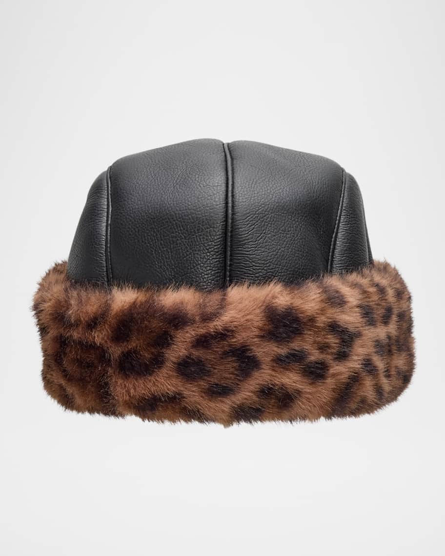 Jocelyn Leopard-Print Faux Fur Trimmed Roller Hat | Neiman Marcus