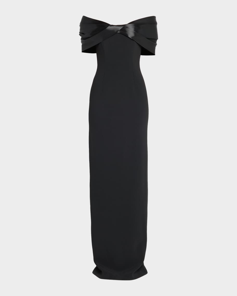 Pamella Roland Liquid Satin Off-The-Shoulder Crepe Gown | Neiman Marcus