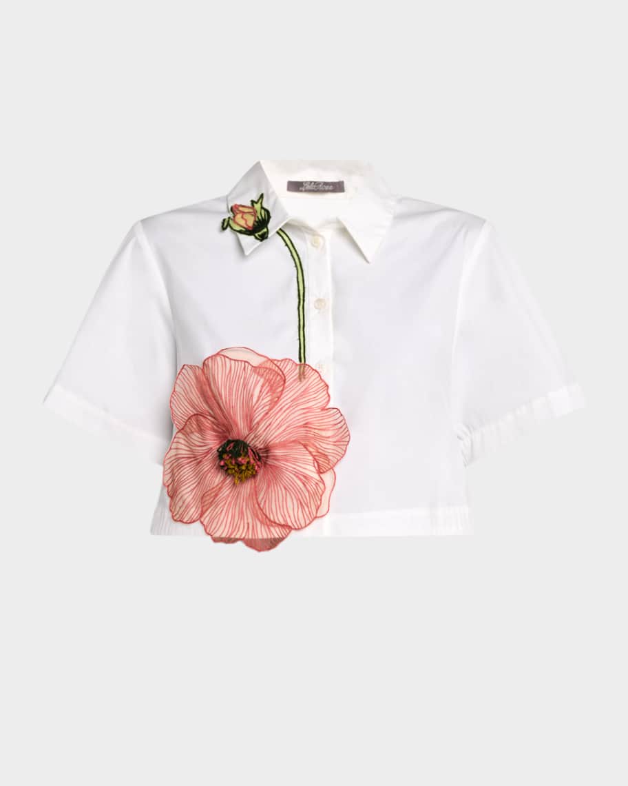Lela Rose Peony Embroidered Crop Button-Down Shirt | Neiman Marcus