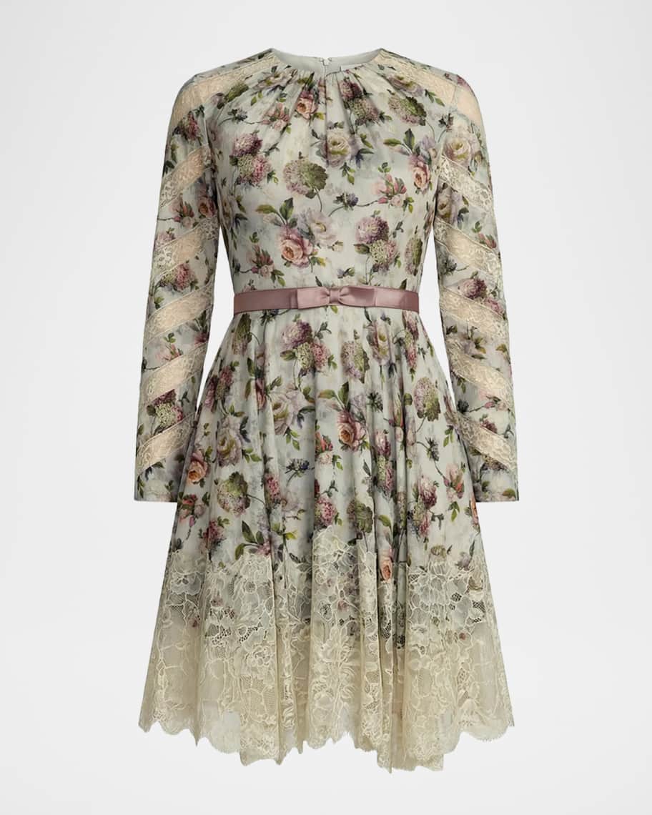 Mac Duggal Floral Lace-Hem Knee-Length Dress | Neiman Marcus