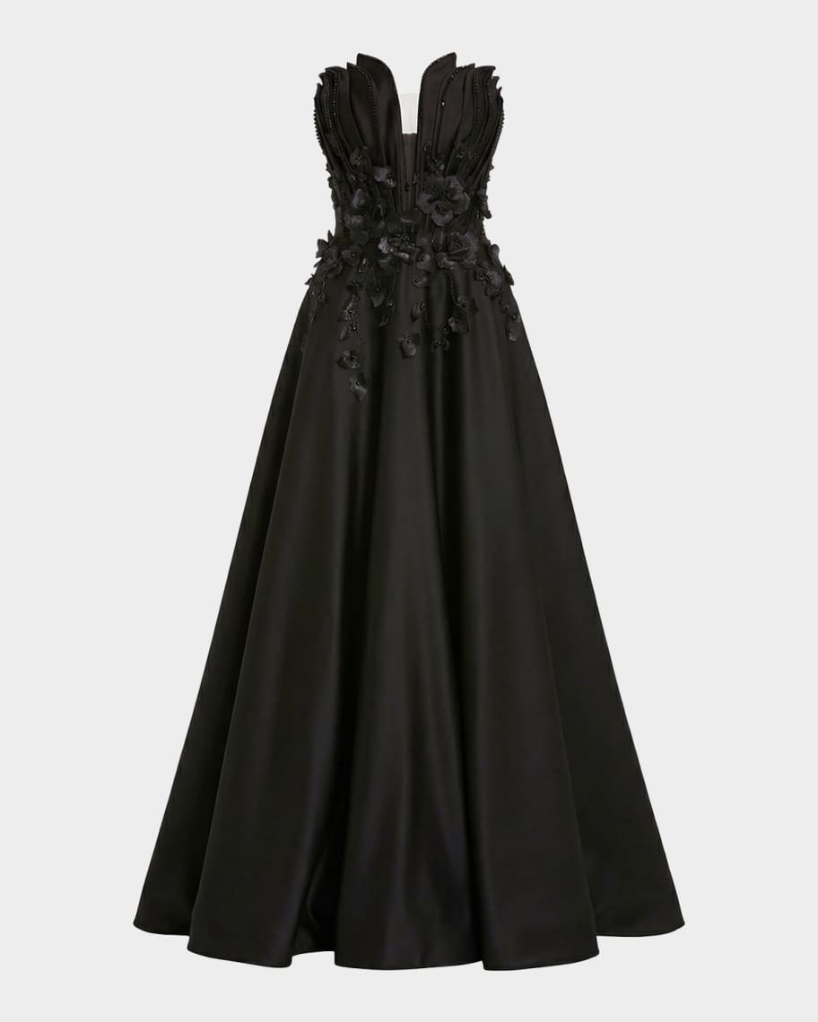 Mac Duggal Beaded Floral-Appliqued Charmeuse Strapless Gown | Neiman Marcus