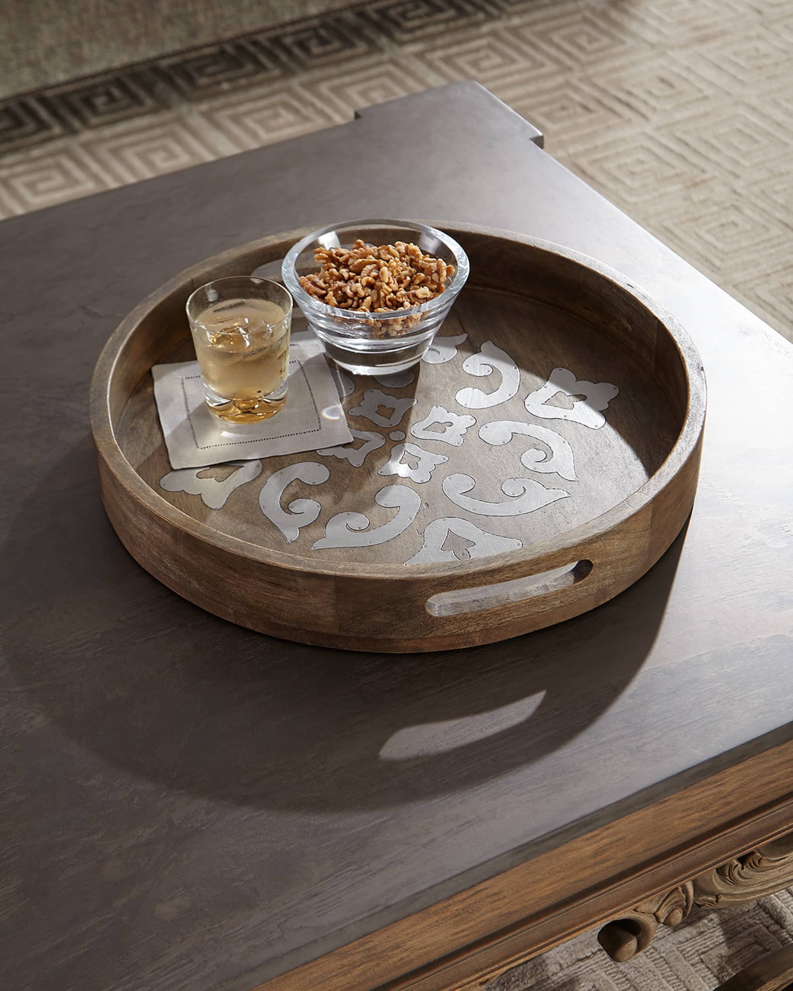 G G Collection Round Wood Tray w/ Metal Inlay, 20" | Neiman Marcus