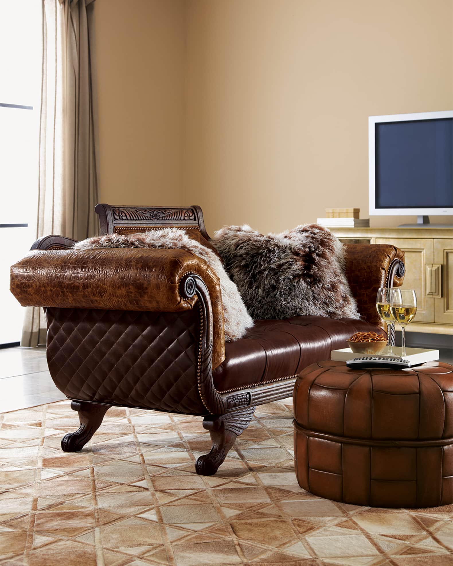 Old Hickory Tannery Duncan Leather Settee | Neiman Marcus
