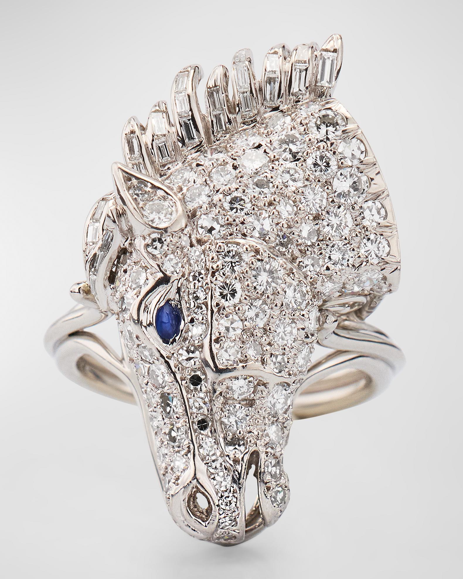 NM Estate Estate Platinum Diamond and Sapphire Horse Ring, Size 6.25 ...