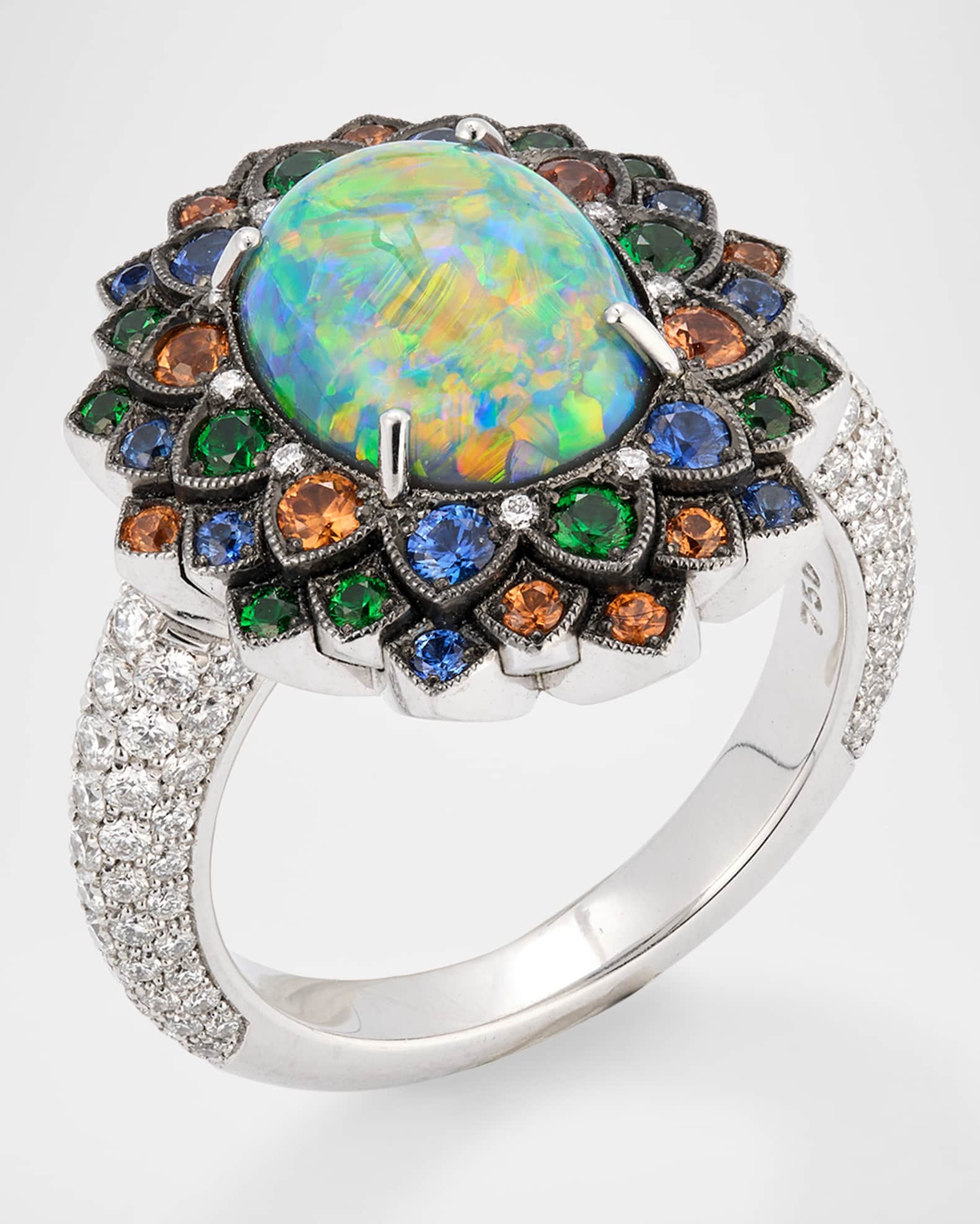 Robert Erich 18K White Gold Diamond, Black Opal, Blue and Orange Sapphires, Tsavorite Statement ...