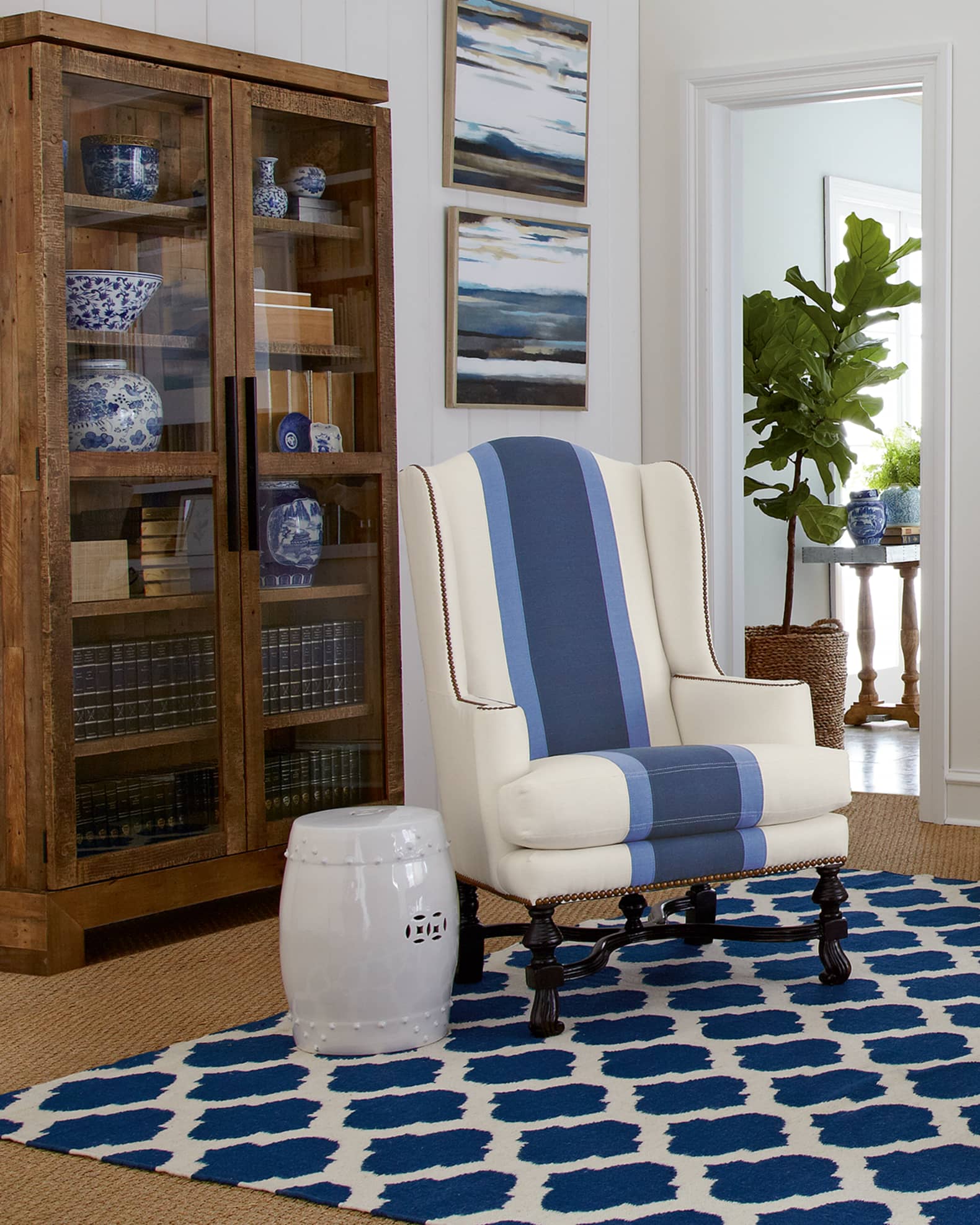 Massoud Blue Colorblock Wing Chair | Neiman Marcus