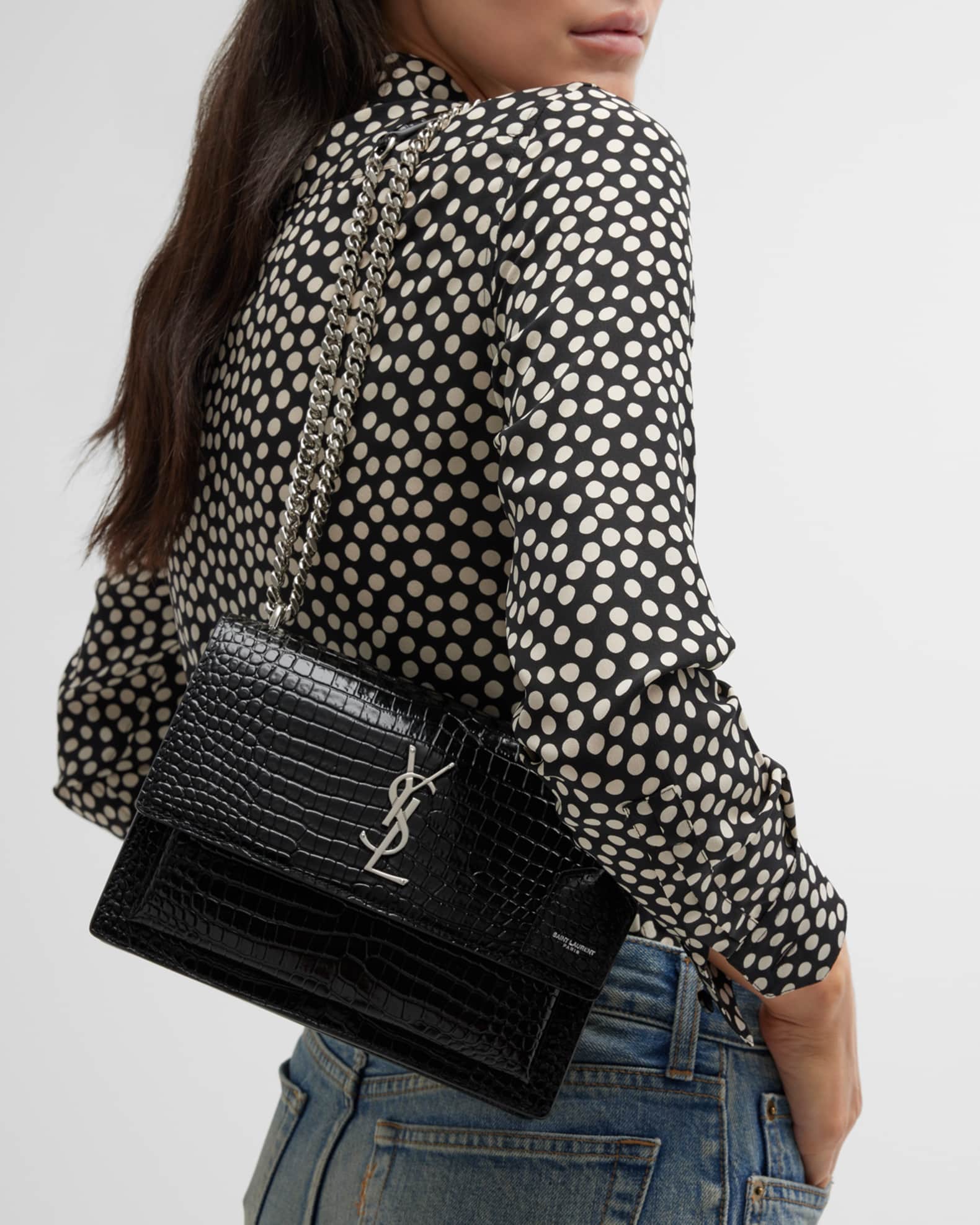 Saint Laurent Sunset Medium YSL Crossbody Bag in Croc-Embossed Leather ...