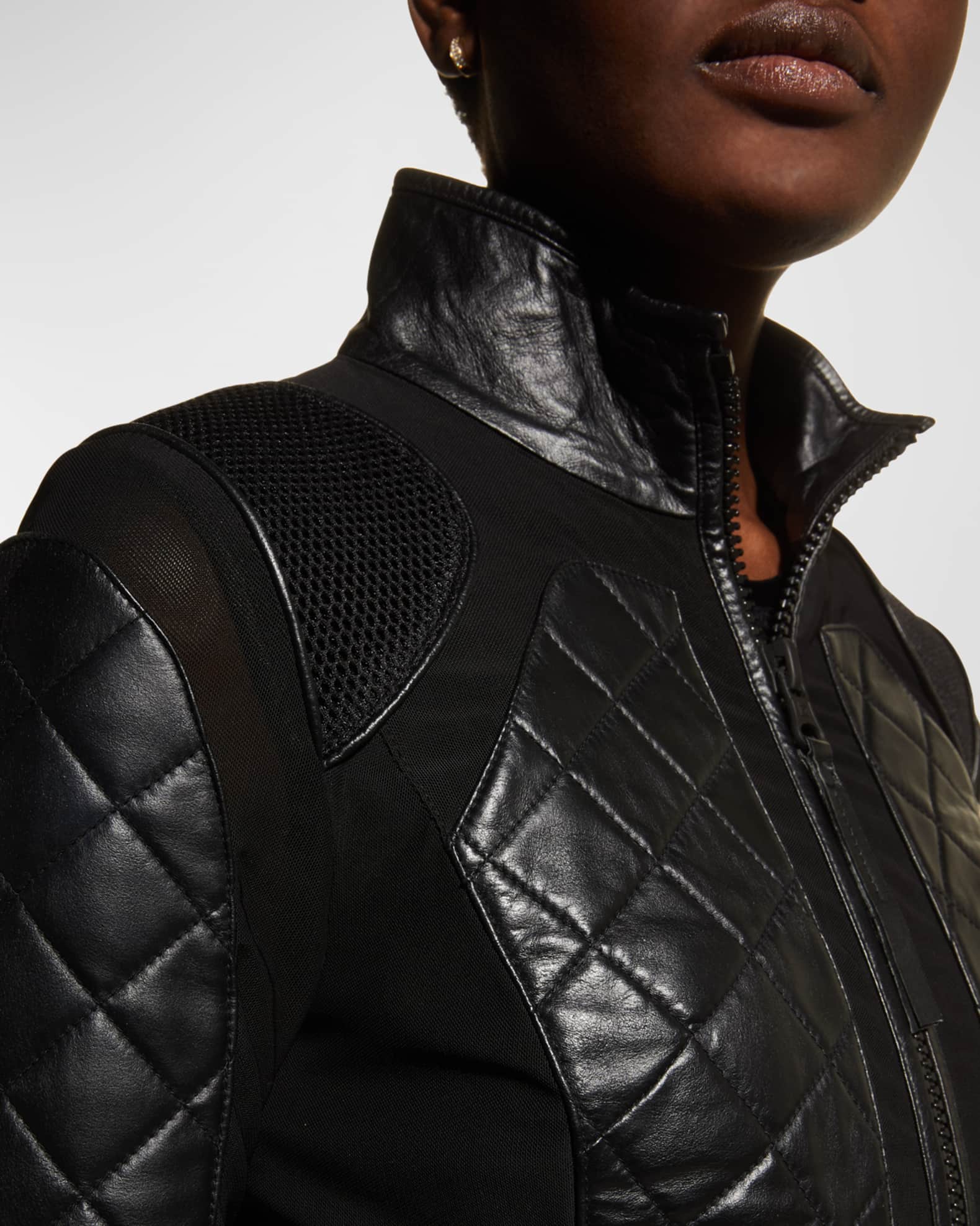 Blanc Noir Quilted Leather & Mesh Moto Jacket | Neiman Marcus