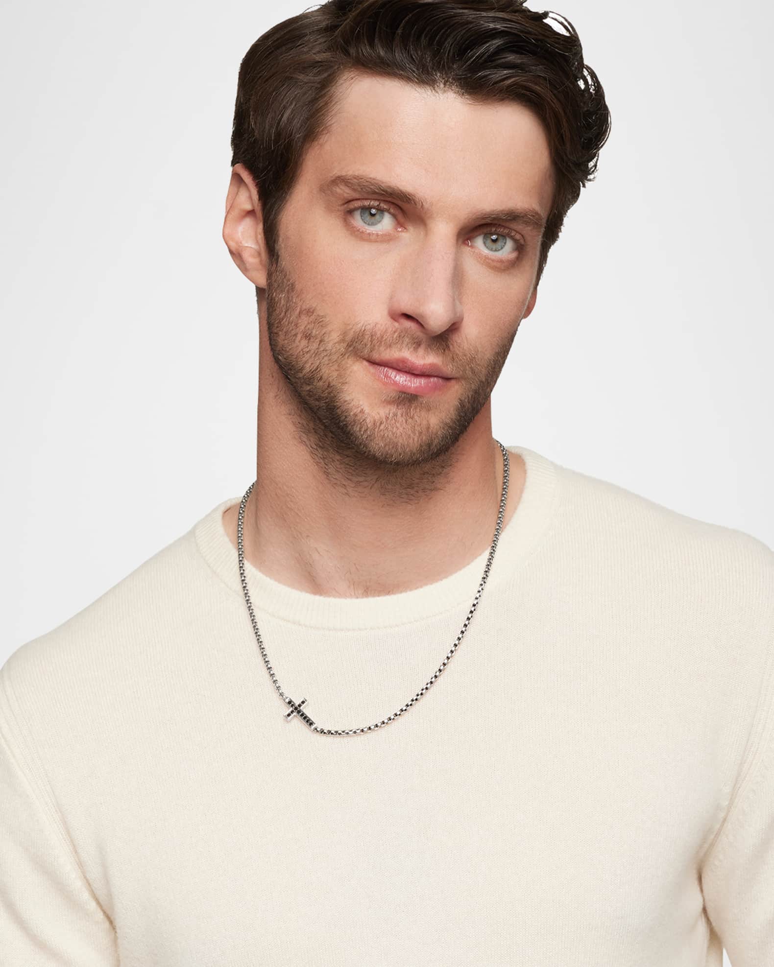 3.6mm Men's Streamline Cross Necklace with Black Diamonds in Silver ...