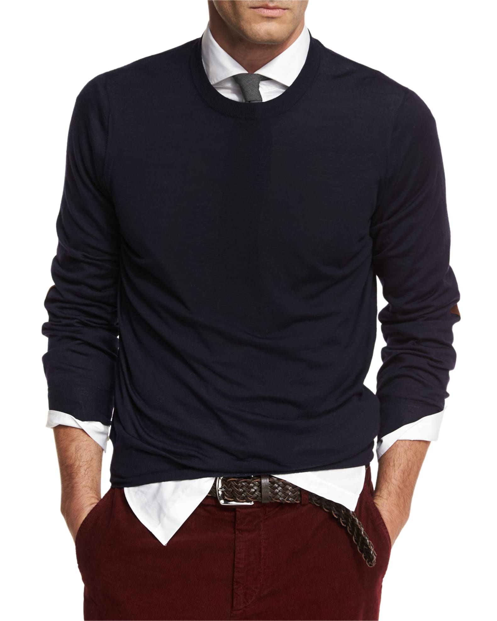 Brunello Cucinelli Men's Fine-Gauge Knit Elbow-Patch Sweater | Neiman ...