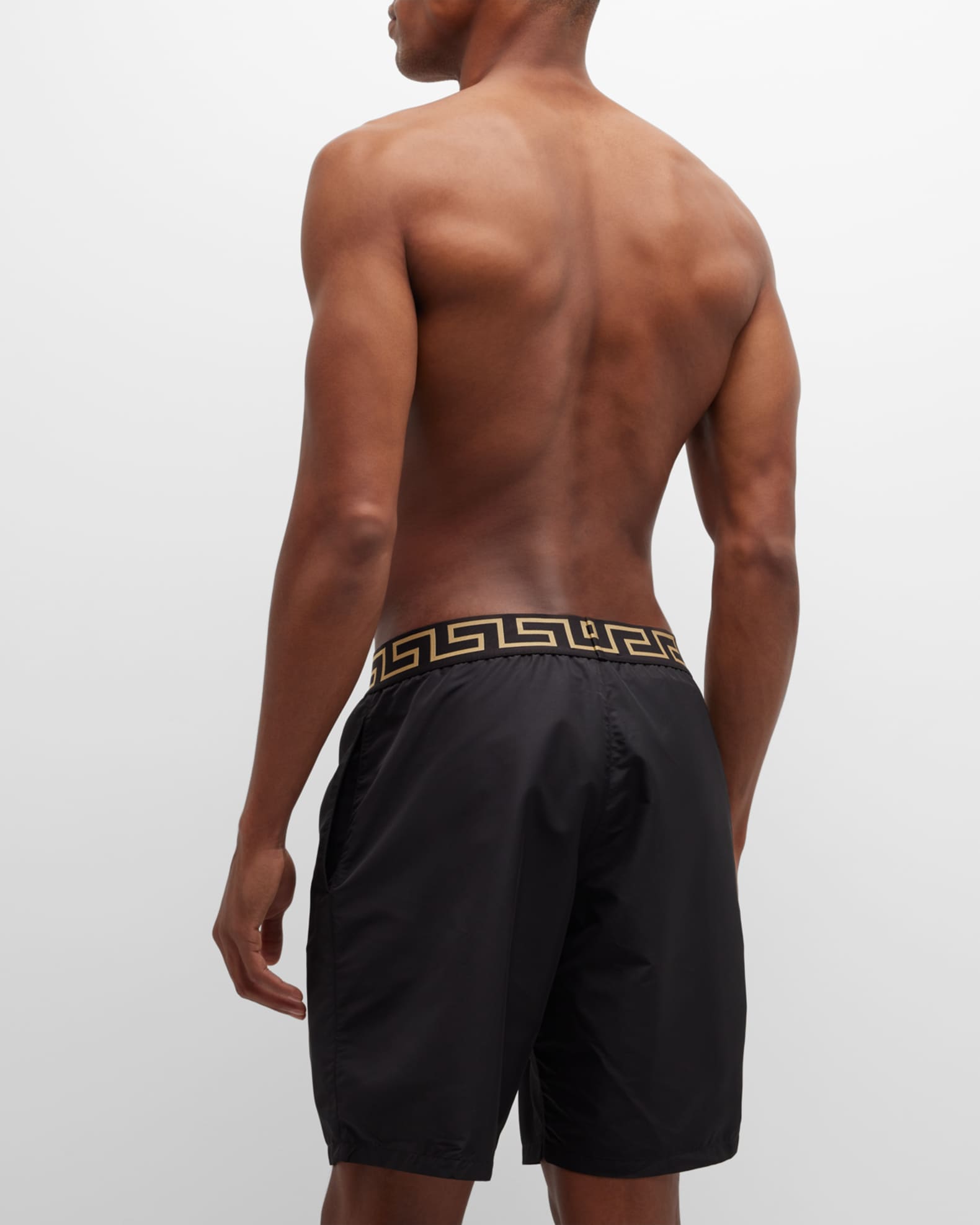 Versace Long Swim Trunks w/ Greek Key Waistband | Neiman Marcus