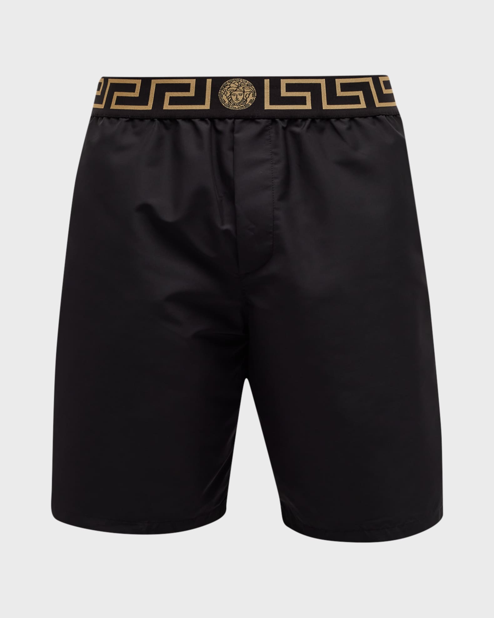 Versace Long Swim Trunks w/ Greek Key Waistband | Neiman Marcus