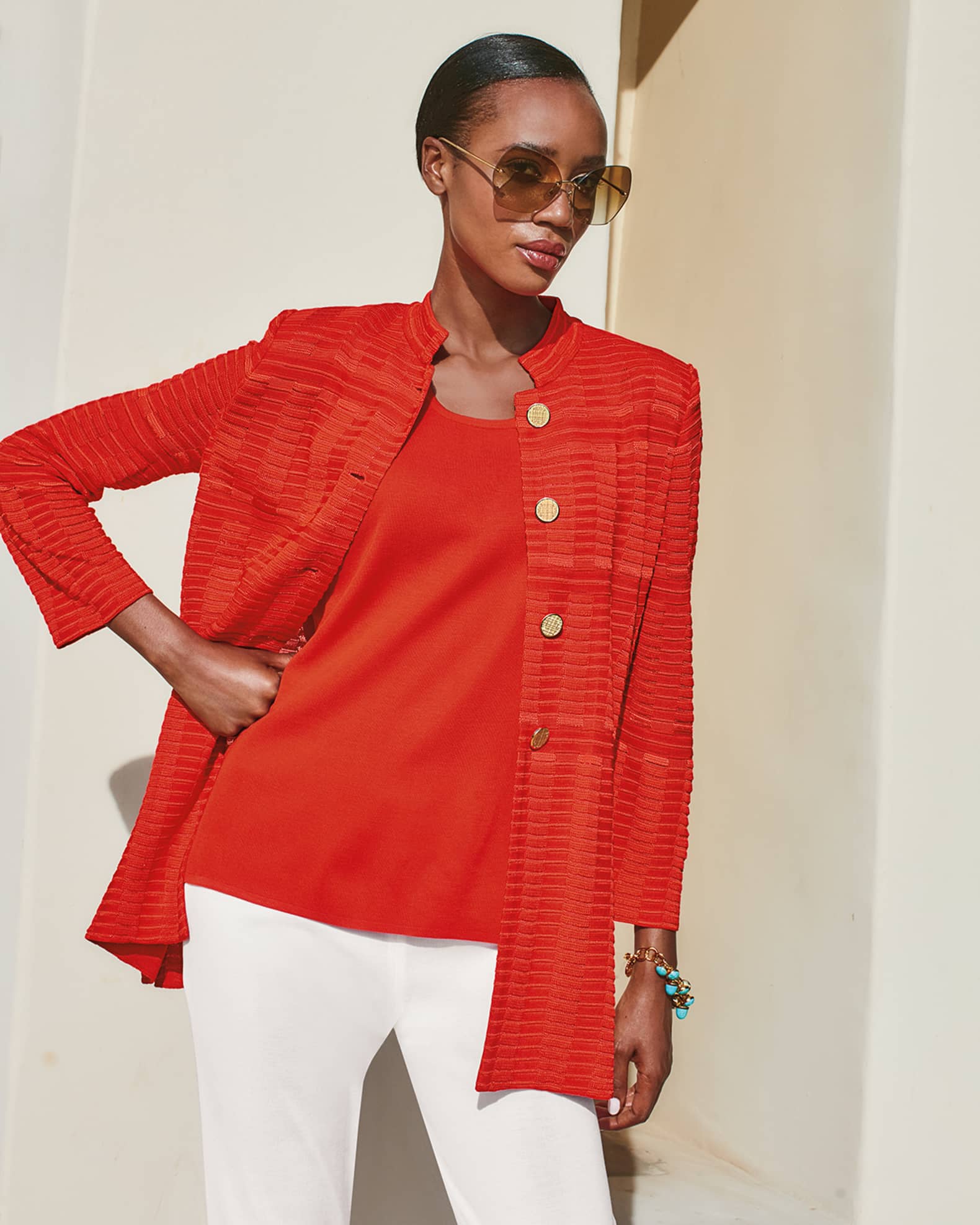 Striped 3/4-Sleeve Hook-Front Graphic Knit Jacket and Matching Items ...