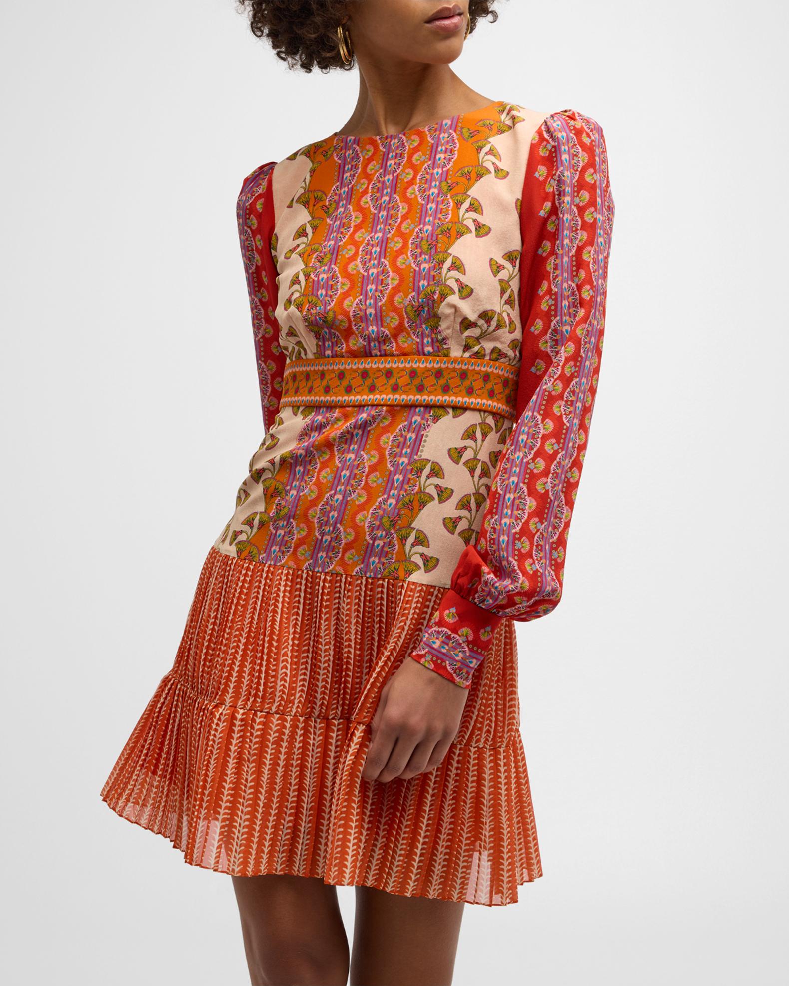 Saloni Vera Mixed-Print Flounce Midi Dress | Neiman Marcus