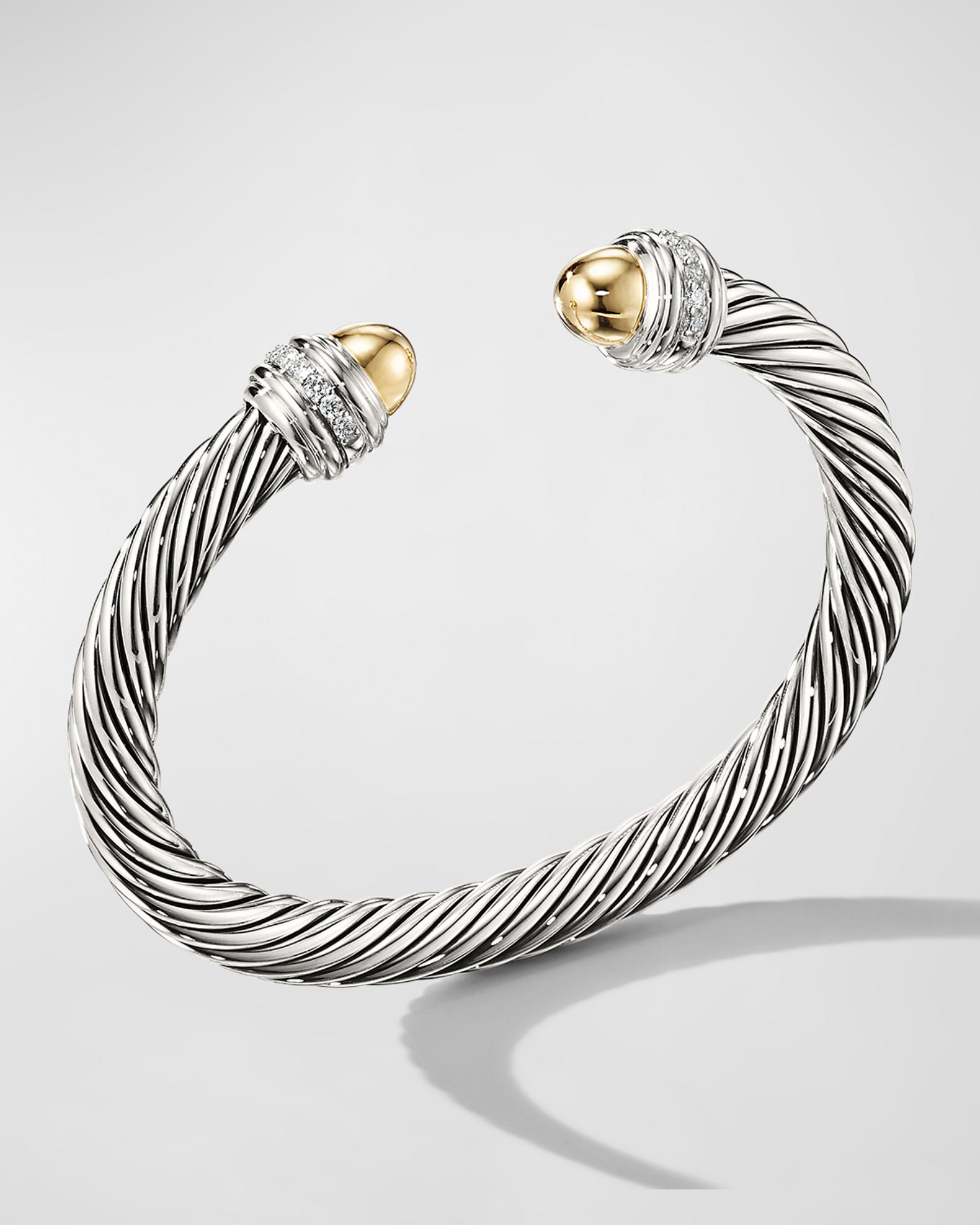 David Yurman Cable Bracelet with Diamonds and 14K Gold, 7mm | Neiman Marcus