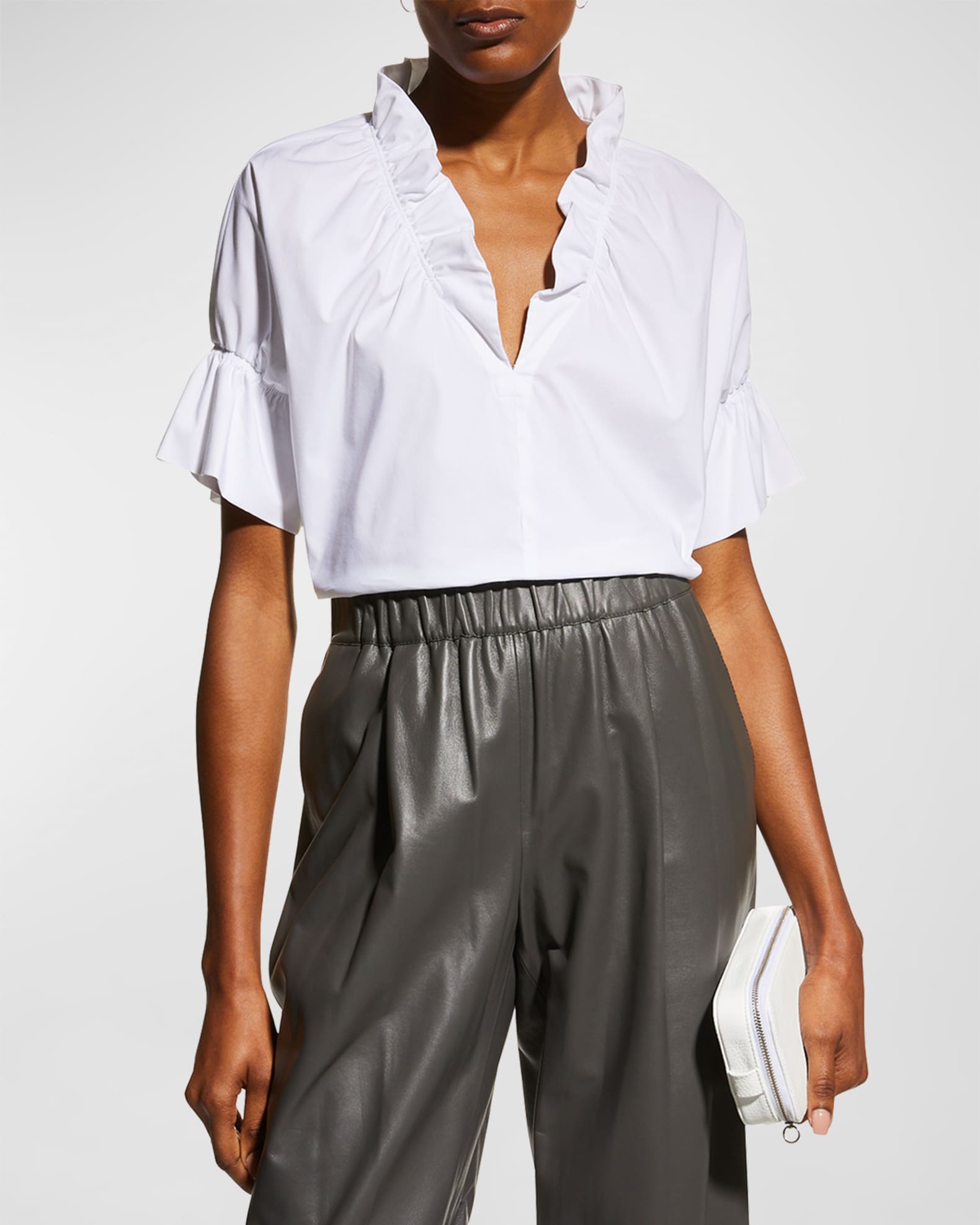 Finley Crosby Flounce Neck & Sleeve Silky Poplin Shirt | Neiman Marcus