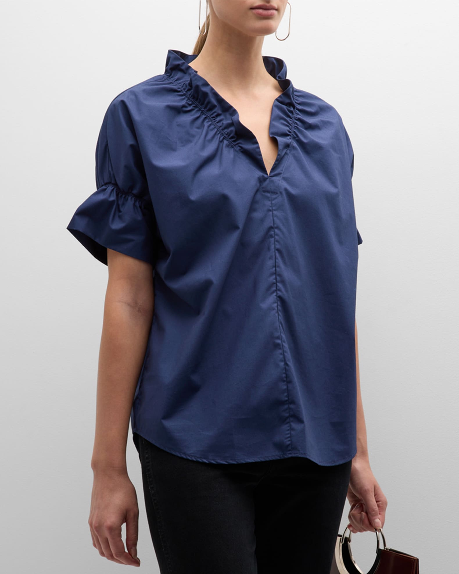 Finley Crosby Flounce Neck & Sleeve Silky Poplin Shirt | Neiman Marcus