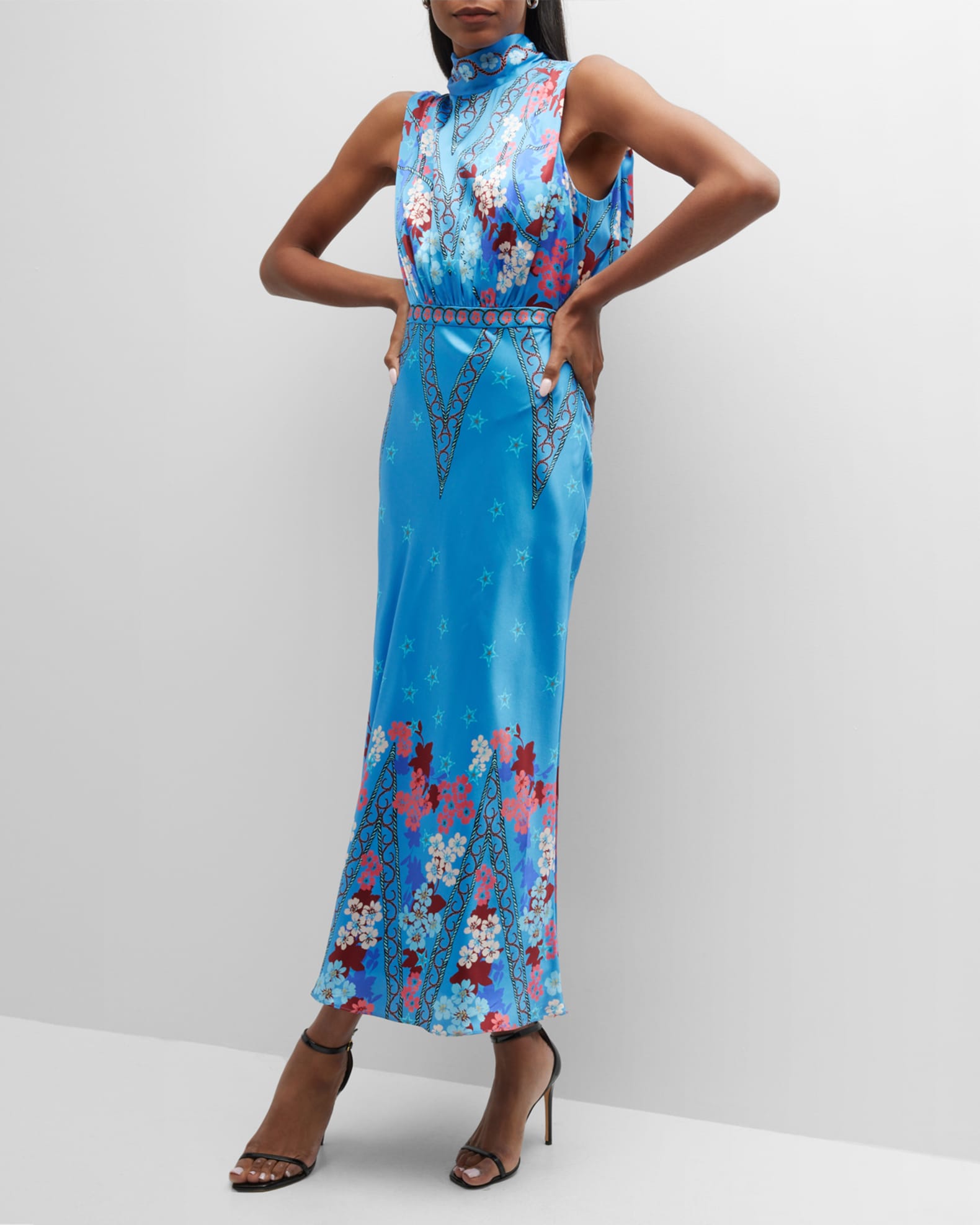 Saloni Fleur Silk Tie-Back Midi Dress | Neiman Marcus