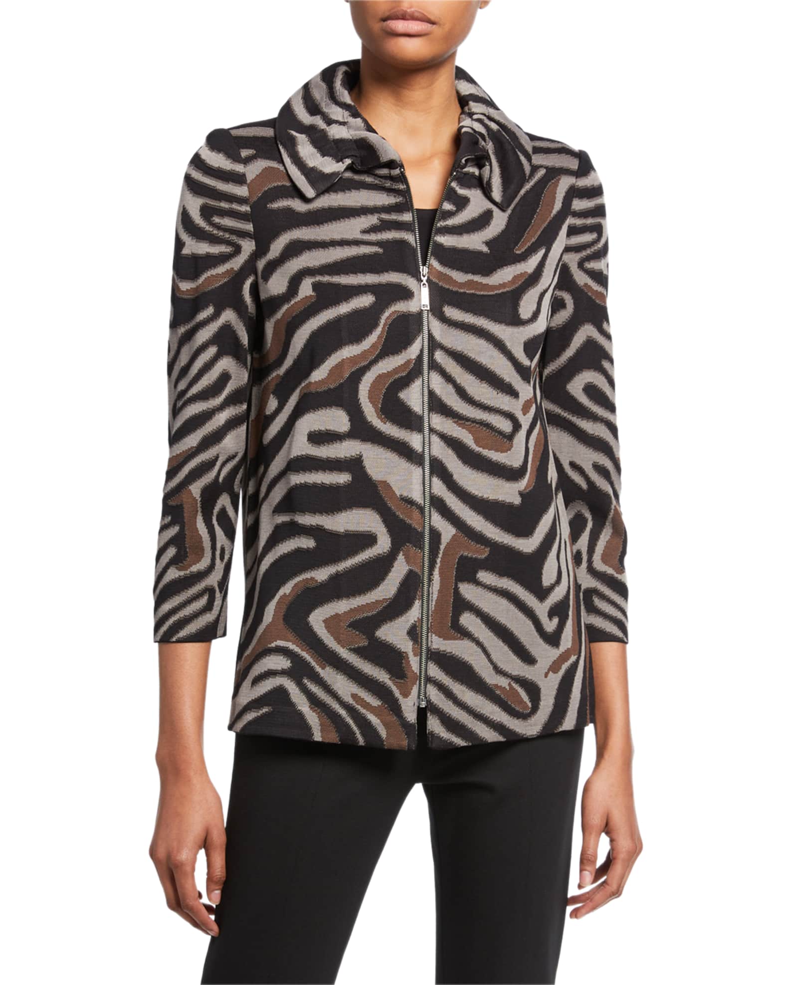 Petite Zip-Front Animal-Print Jacket with Ruched Collar and Matching ...