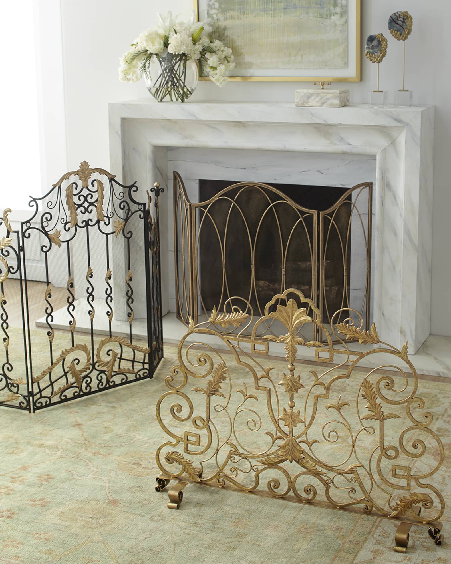 3-Panel Fireplace Screen with Round Bar Oval Accents | Neiman Marcus