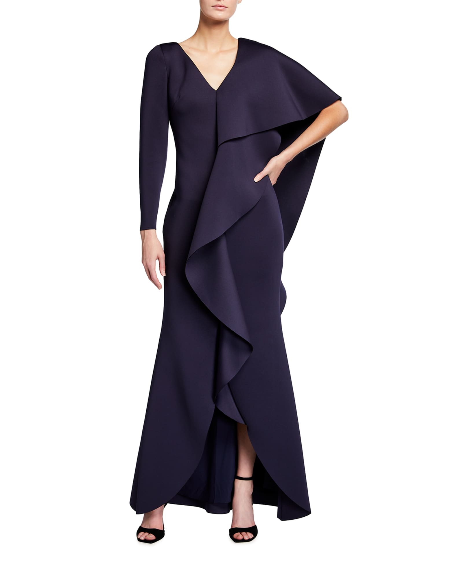 Badgley Mischka Collection V-Neck Long-Sleeve Asymmetric Ruffle Cape ...