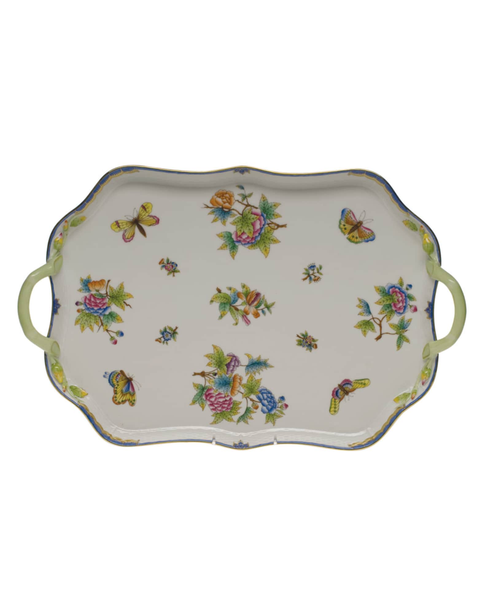 Herend Queen Victoria Blue Rectangular Tray with Branch Handles ...