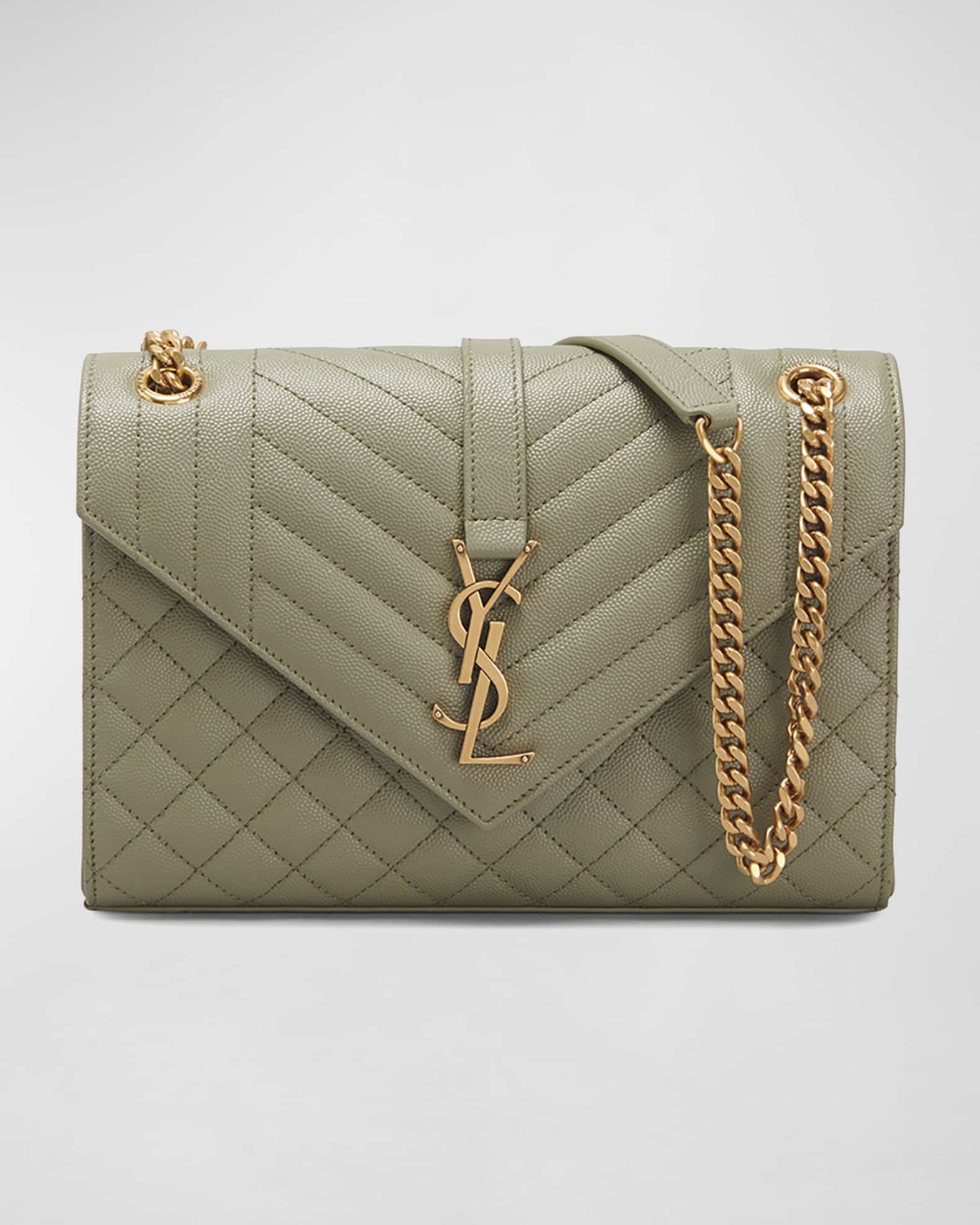 Saint Laurent Triquilt Medium YSL Monogram Grain de Poudre V Flap Satchel Bag - Golden Hardware ...