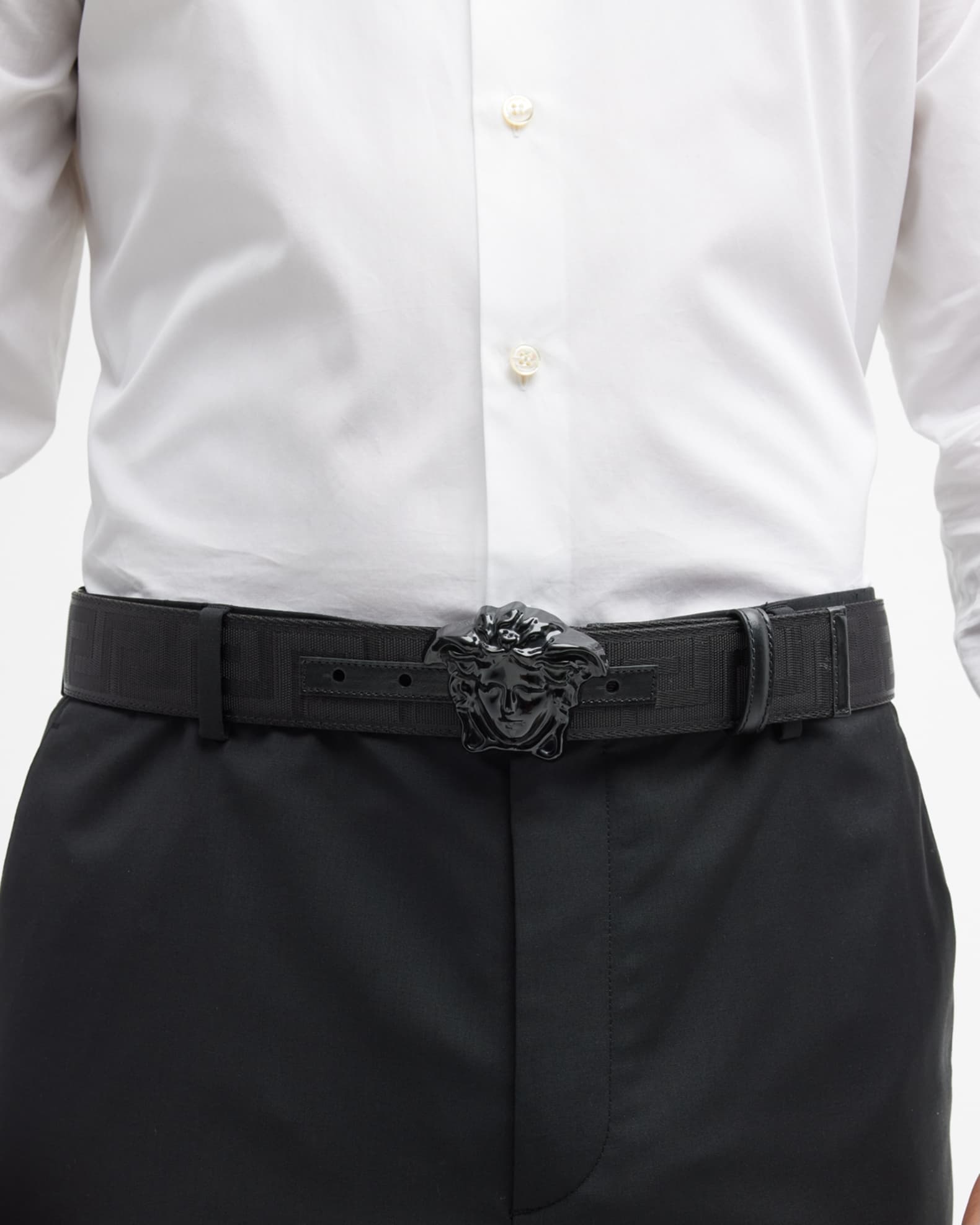 Versace Men's Tonal Medusa/Greek Key Web Belt | Neiman Marcus