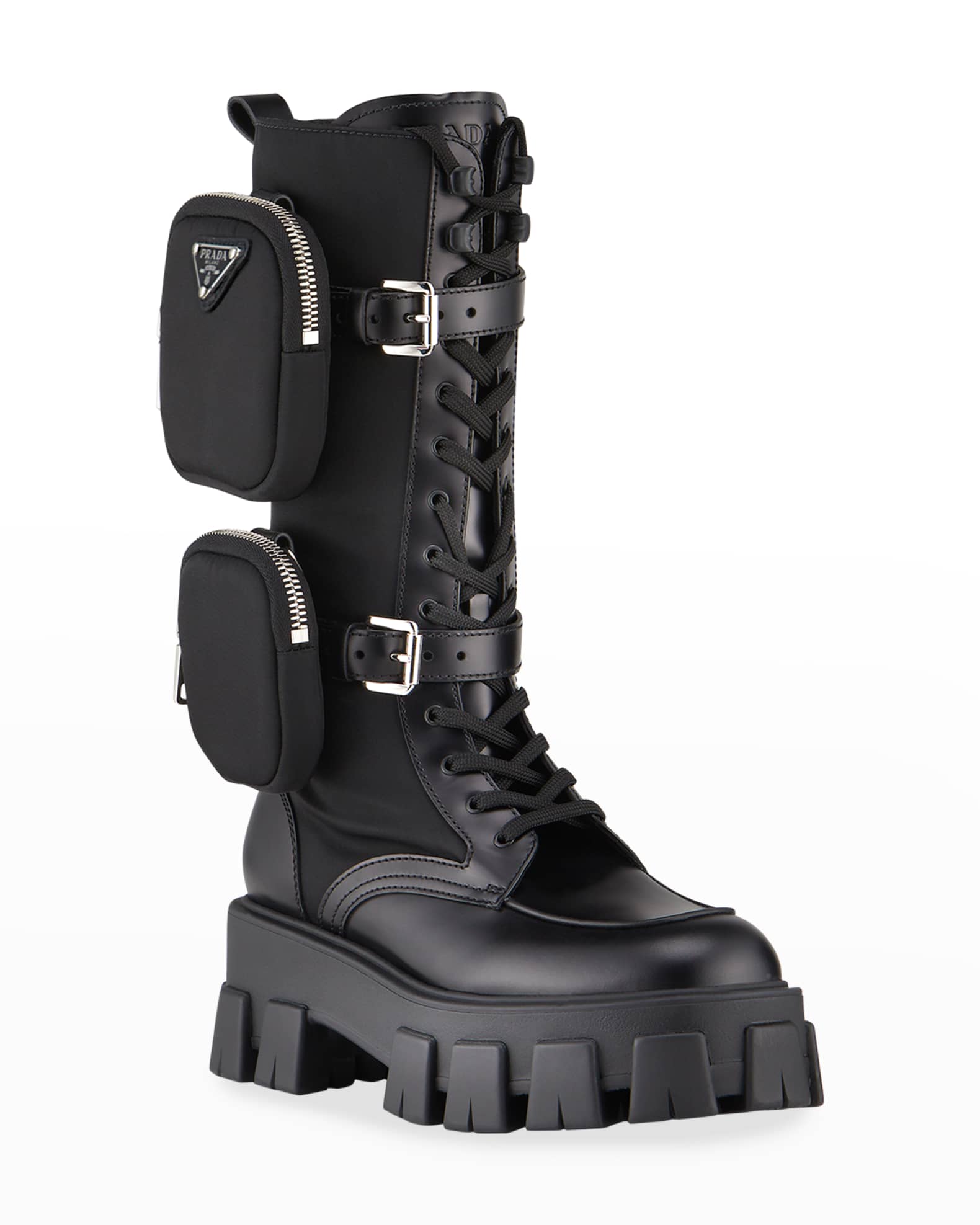 Prada Leather Zip Pocket Tall Combat Boots | Neiman Marcus