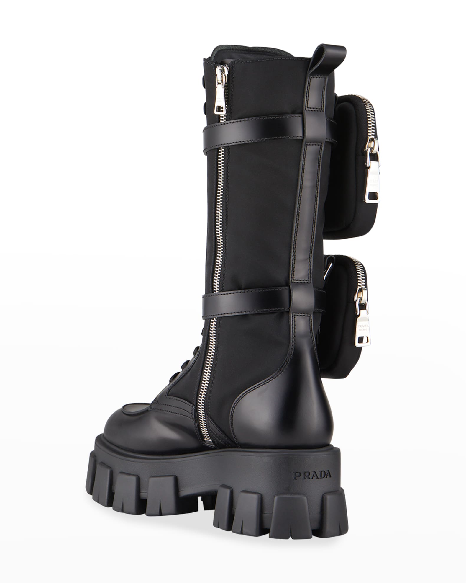 Prada Leather Zip Pocket Tall Combat Boots | Neiman Marcus
