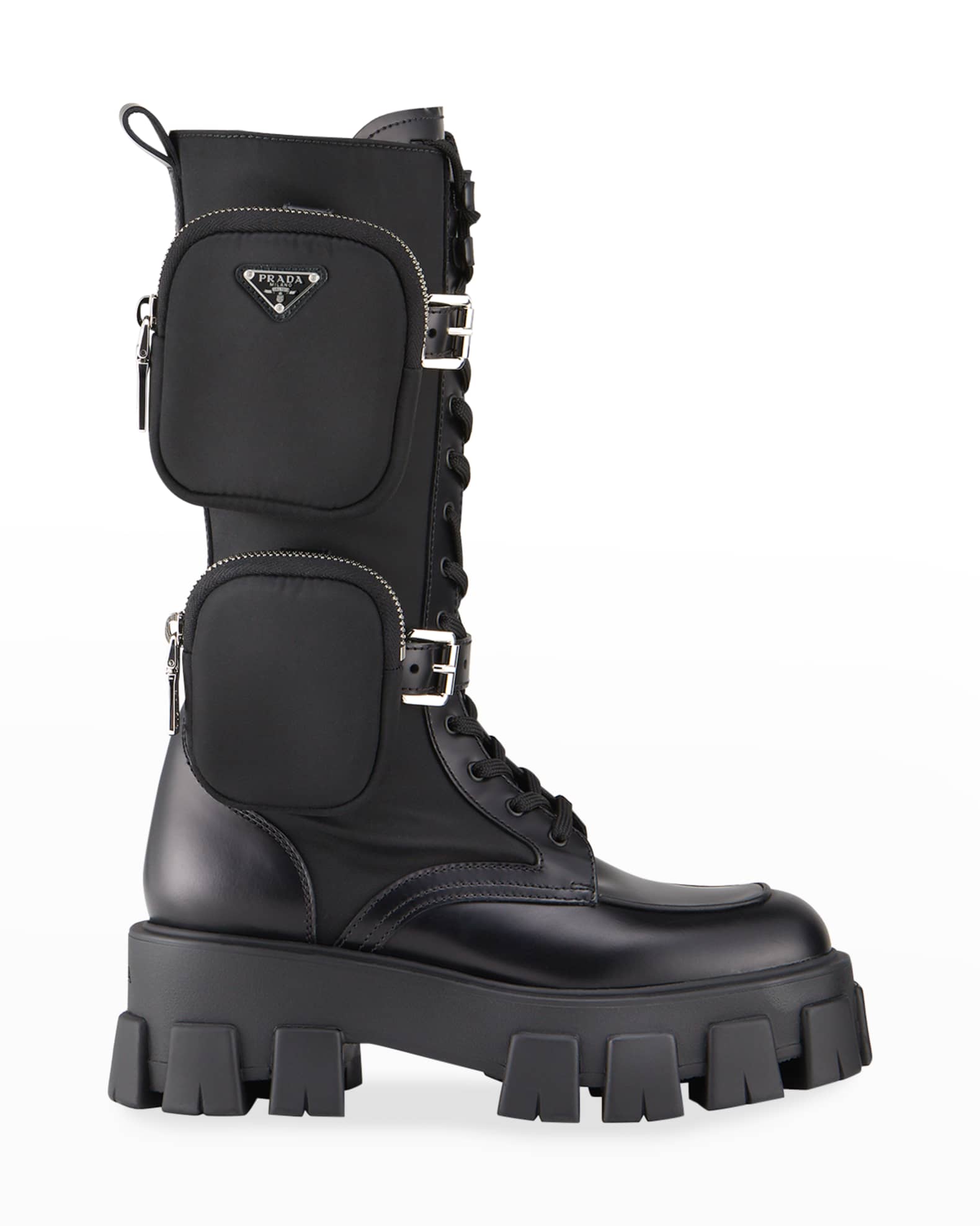 Prada Leather Zip Pocket Tall Combat Boots | Neiman Marcus