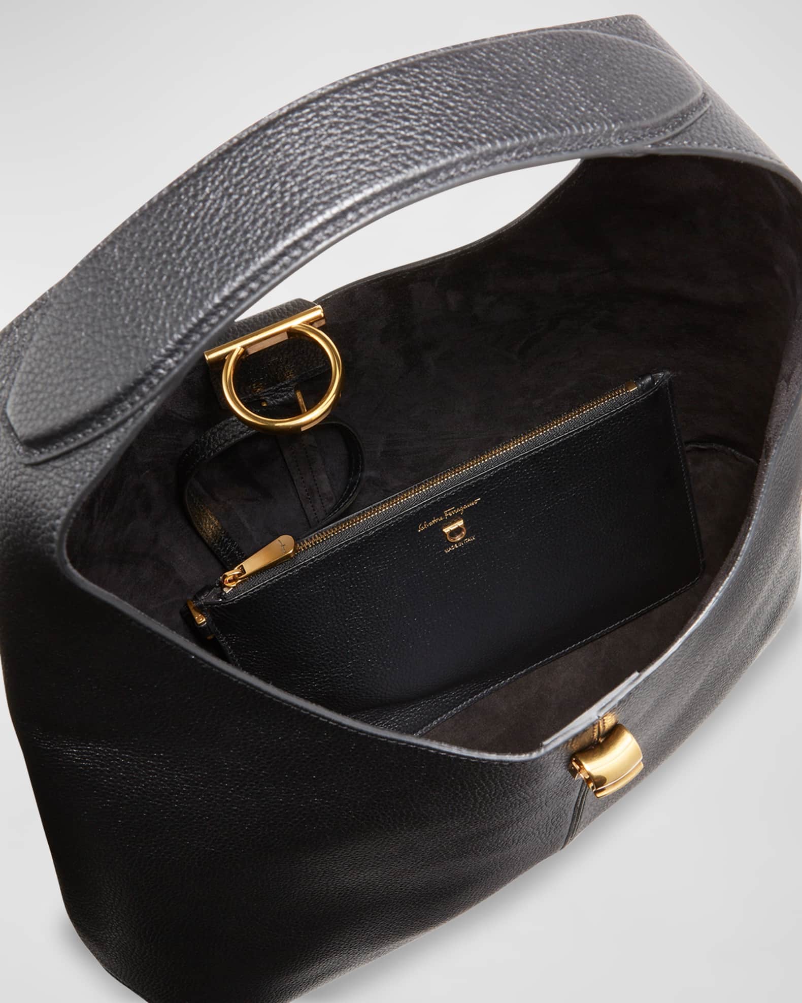 Ferragamo Margot Gancio Pebbled Leather Hobo Bag | Neiman Marcus