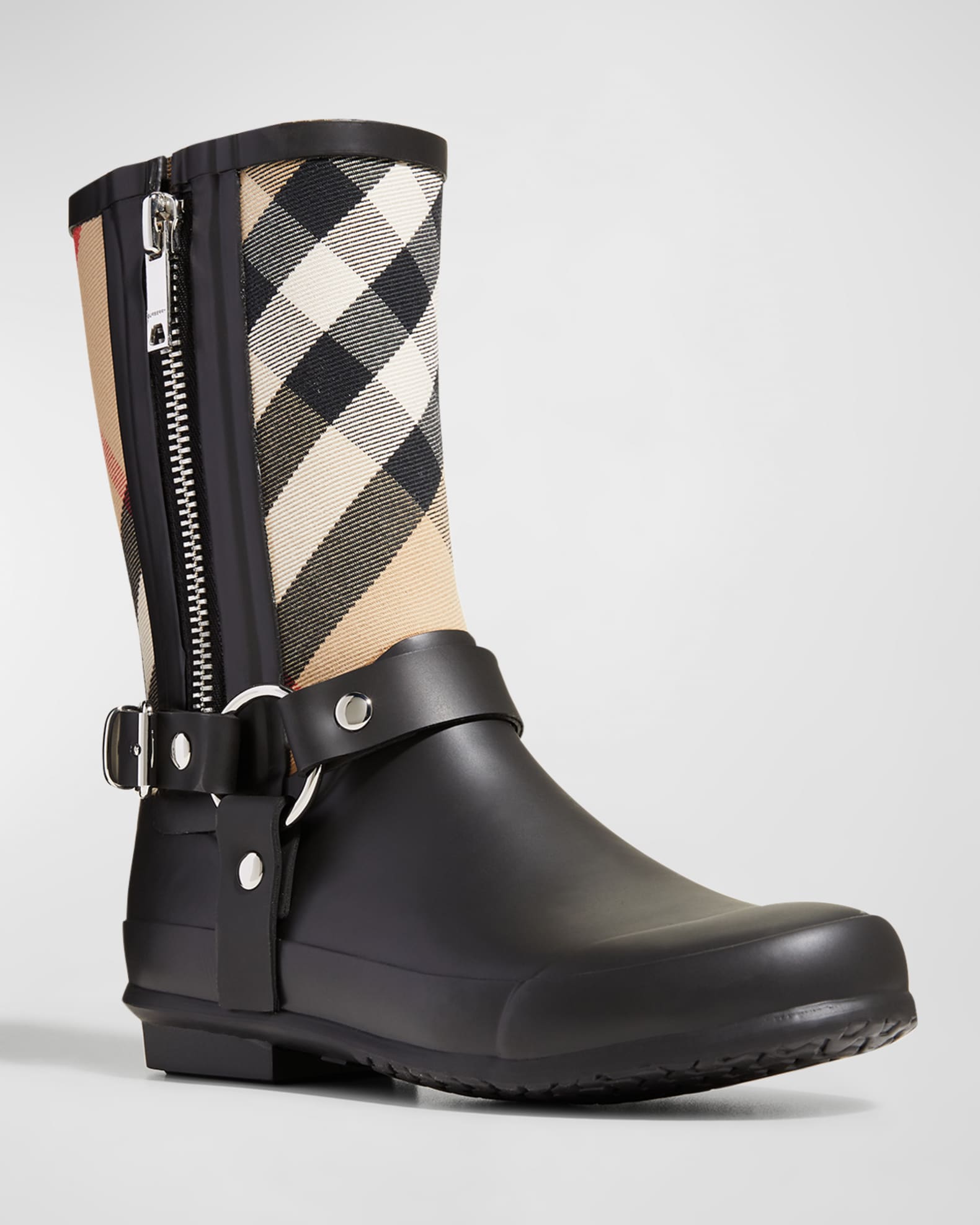Burberry Zane Vintage Check Harness Rain Boots | Neiman Marcus