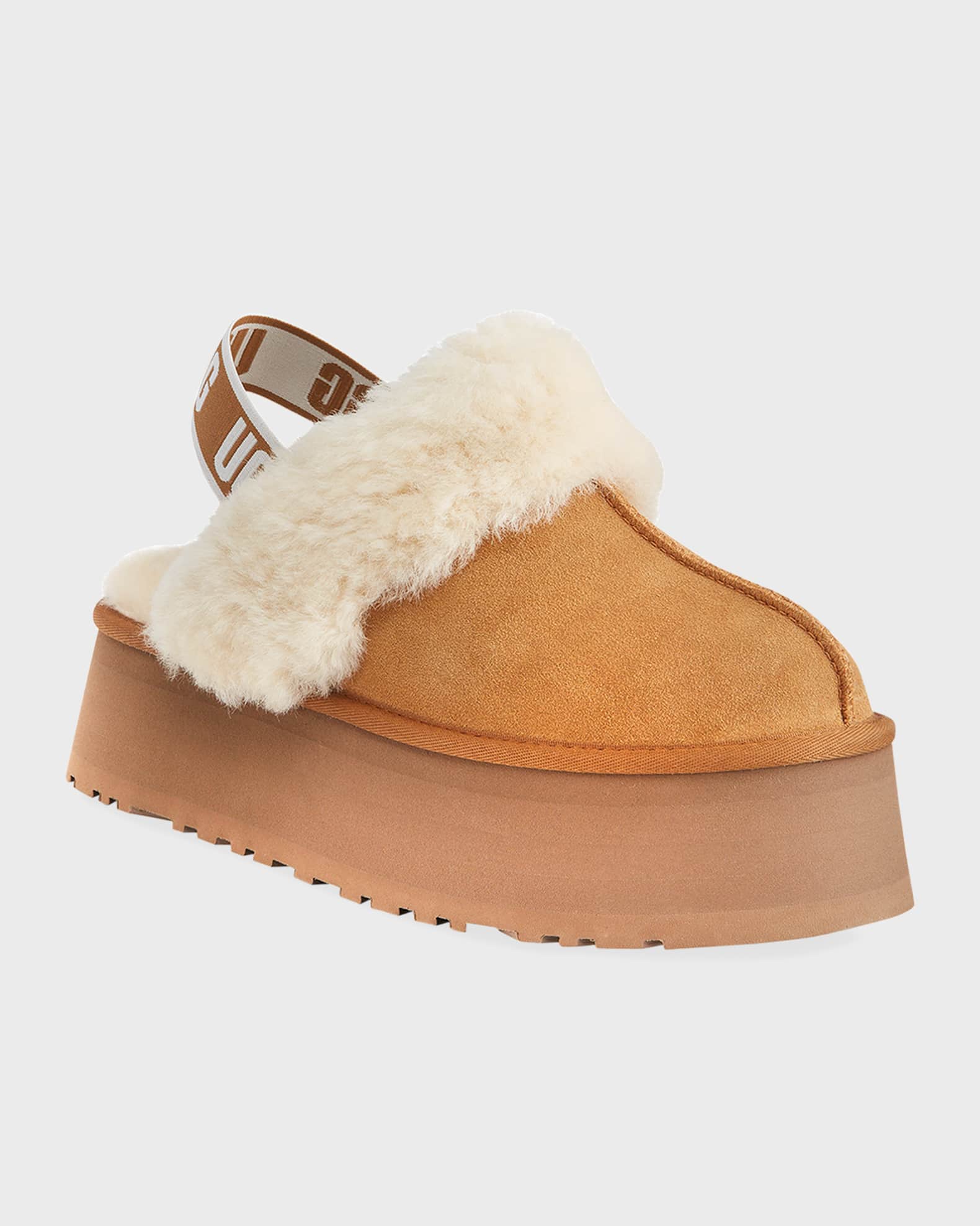 UGG Funkette Suede Shearling Platform Slippers | Neiman Marcus