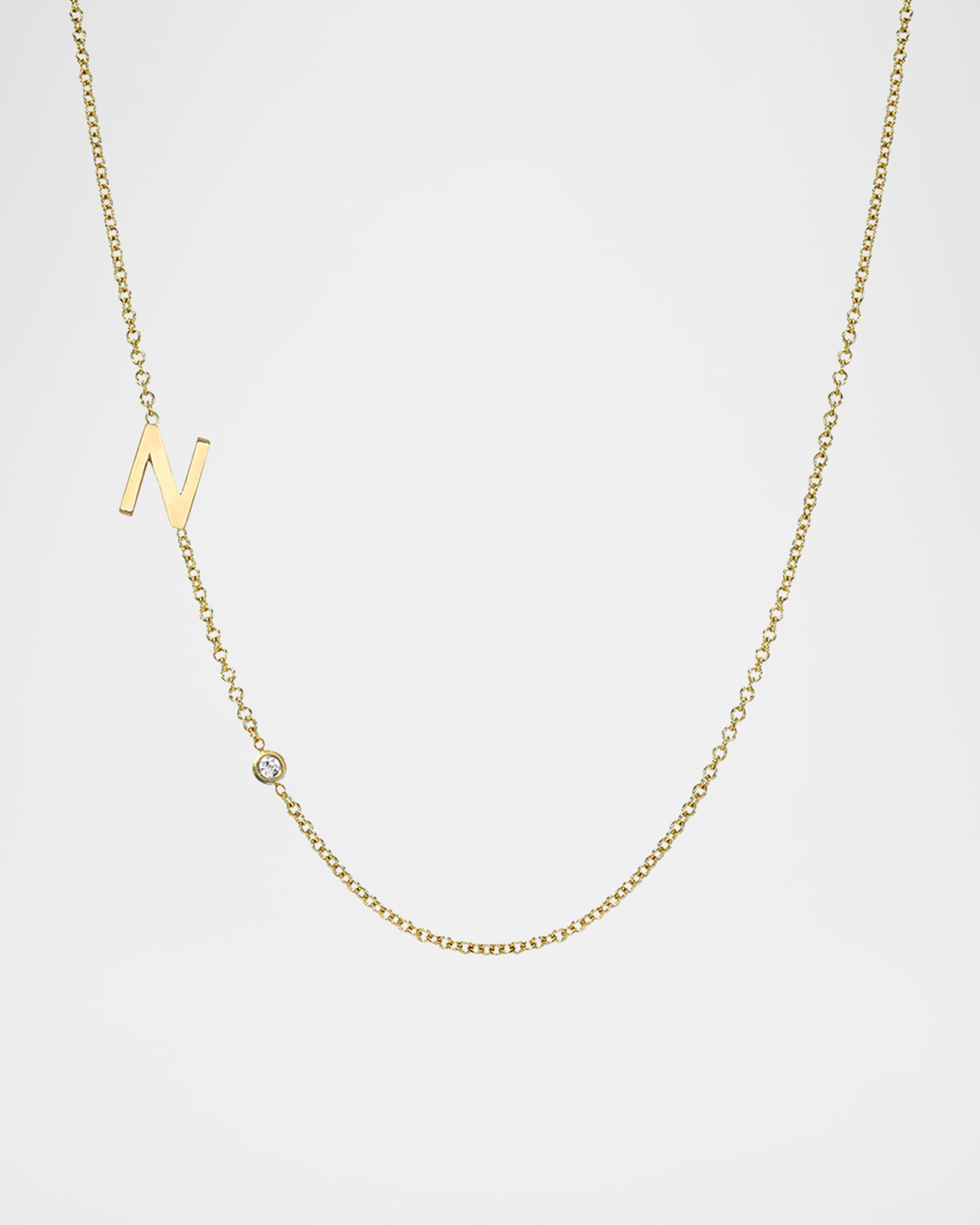 Zoe Lev Jewelry 14k Gold Asymmetrical Initial and Bezel Diamond Necklace | Neiman Marcus