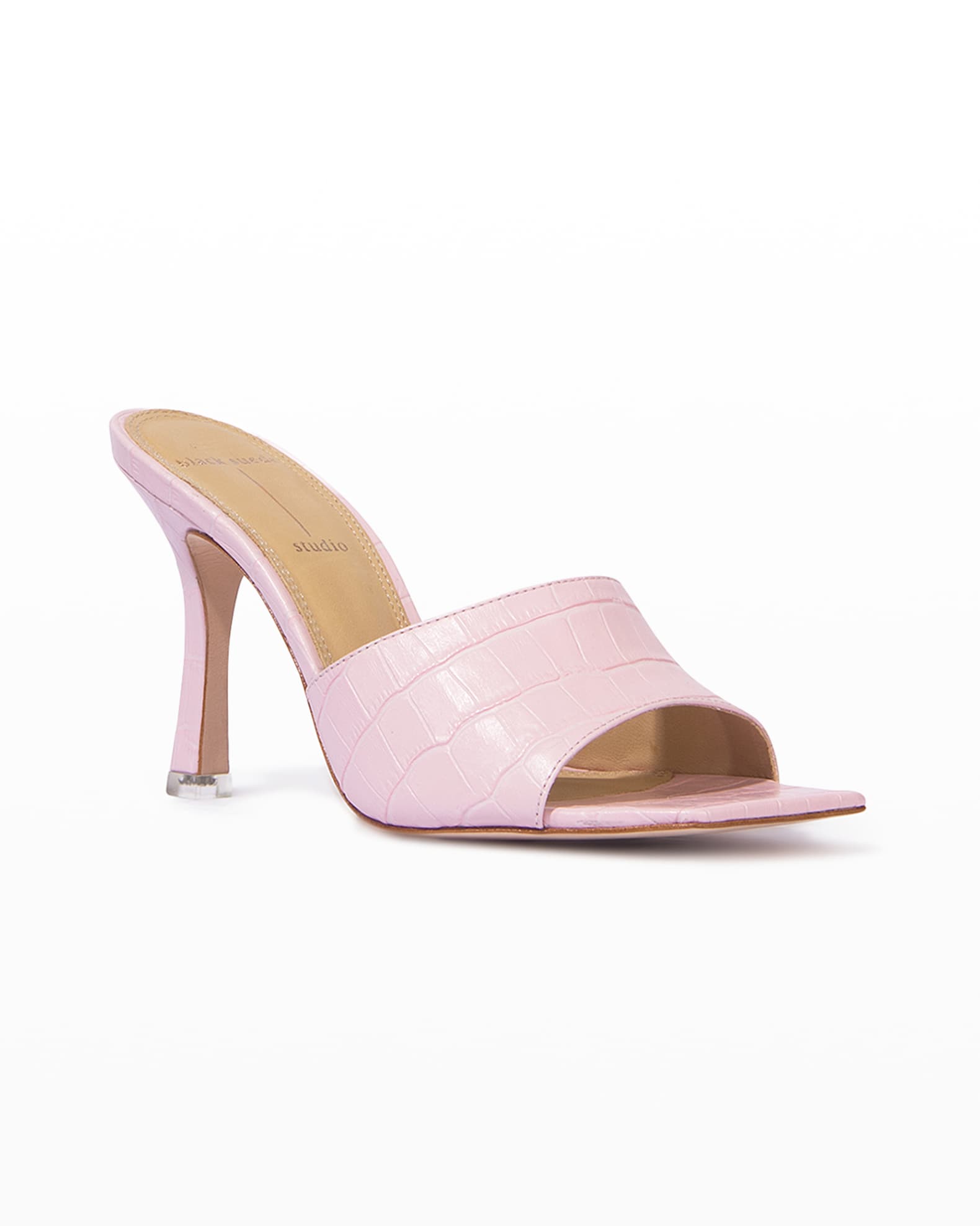 Black Suede Studio Valentina Mock-Croc Heel Slide Sandals | Neiman Marcus