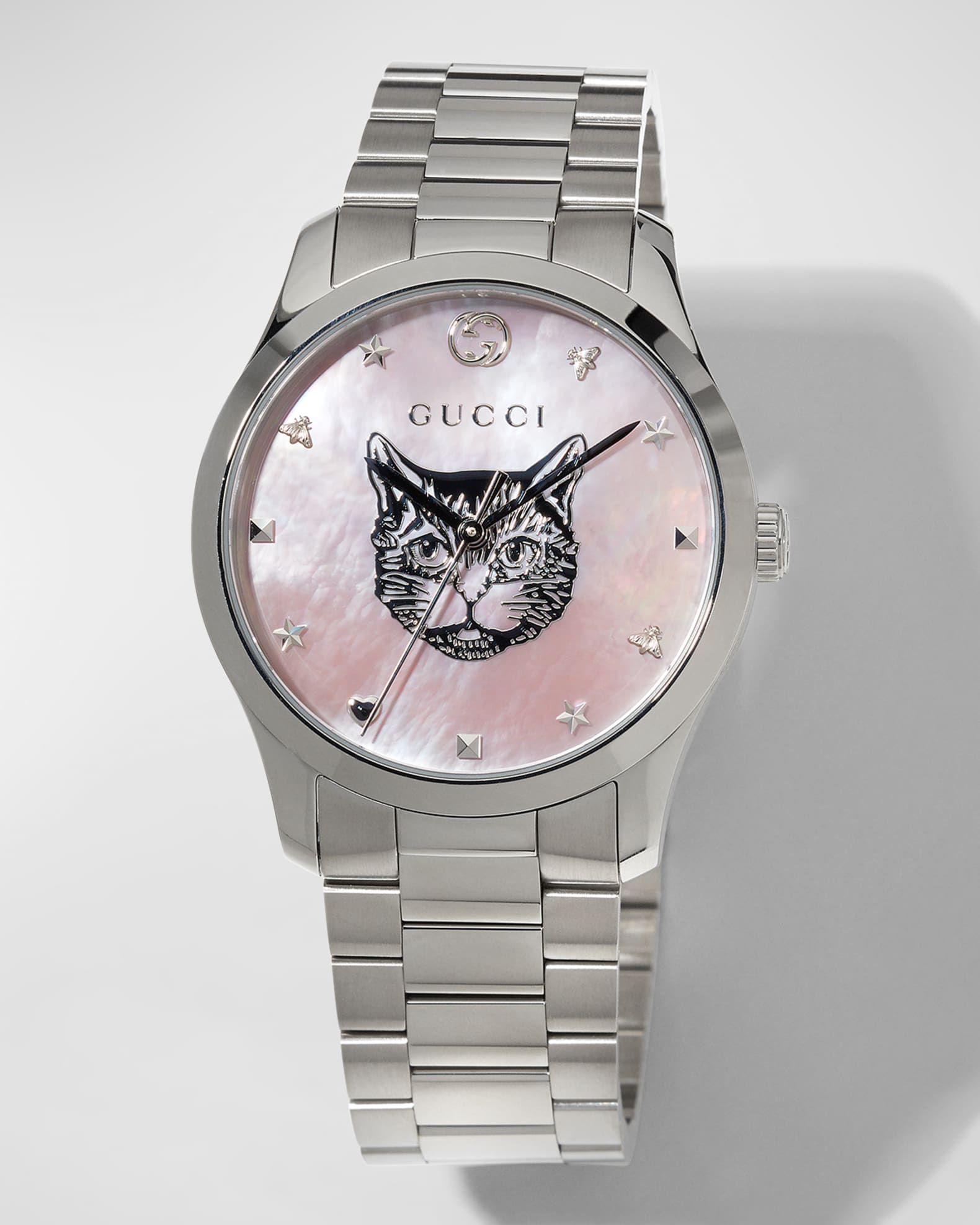 Gucci 26mm G-Timeless Bracelet Watch w/ Feline Motif, Pink | Neiman Marcus