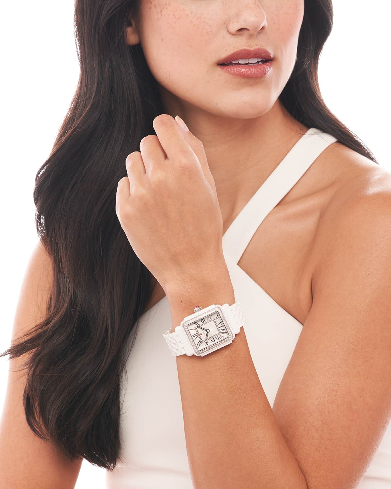 MICHELE Deco Madison Ceramic Diamond Watch, White | Neiman Marcus