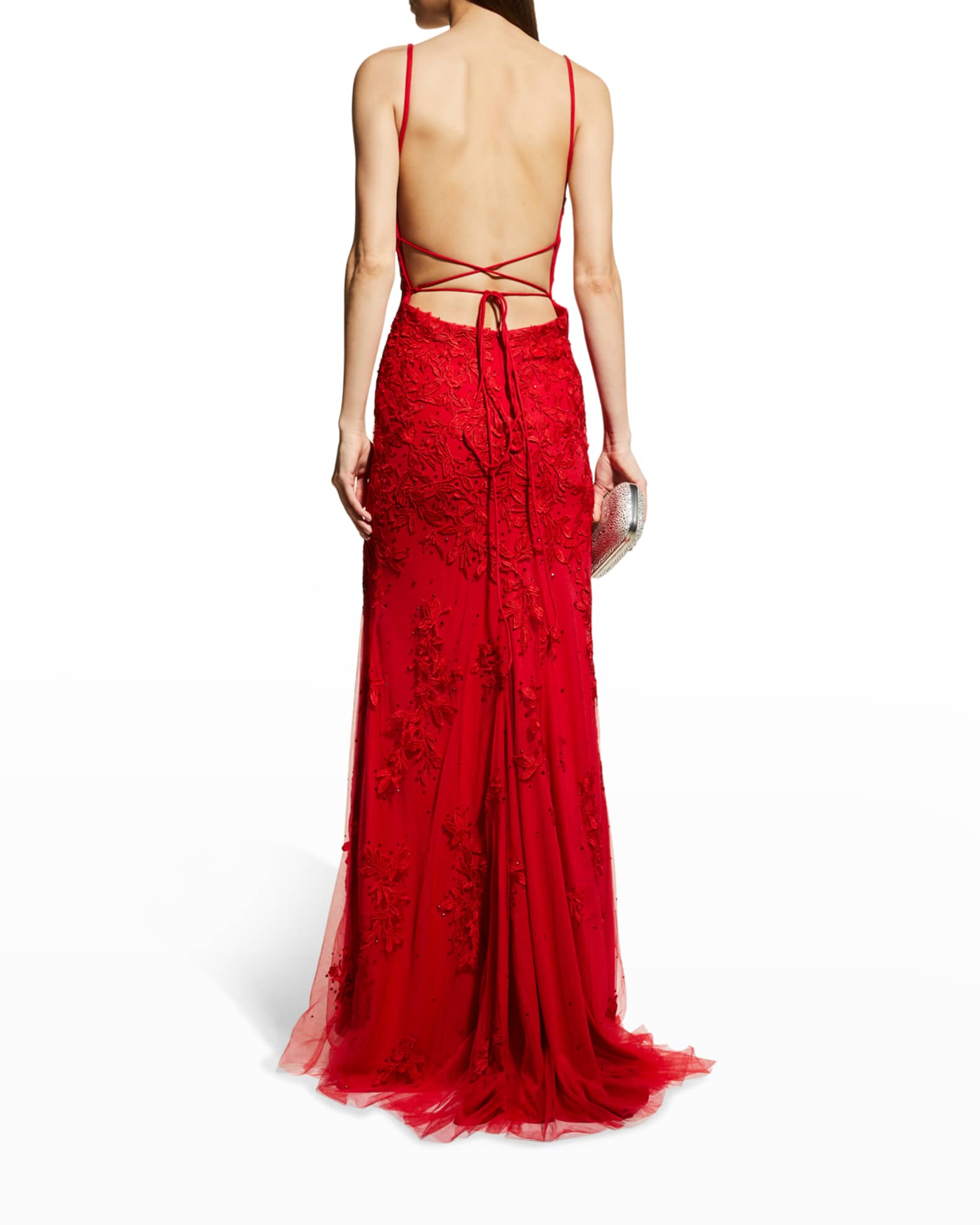 Faviana Lace-Up Back Tulle Gown w/ Lace Appliques | Neiman Marcus
