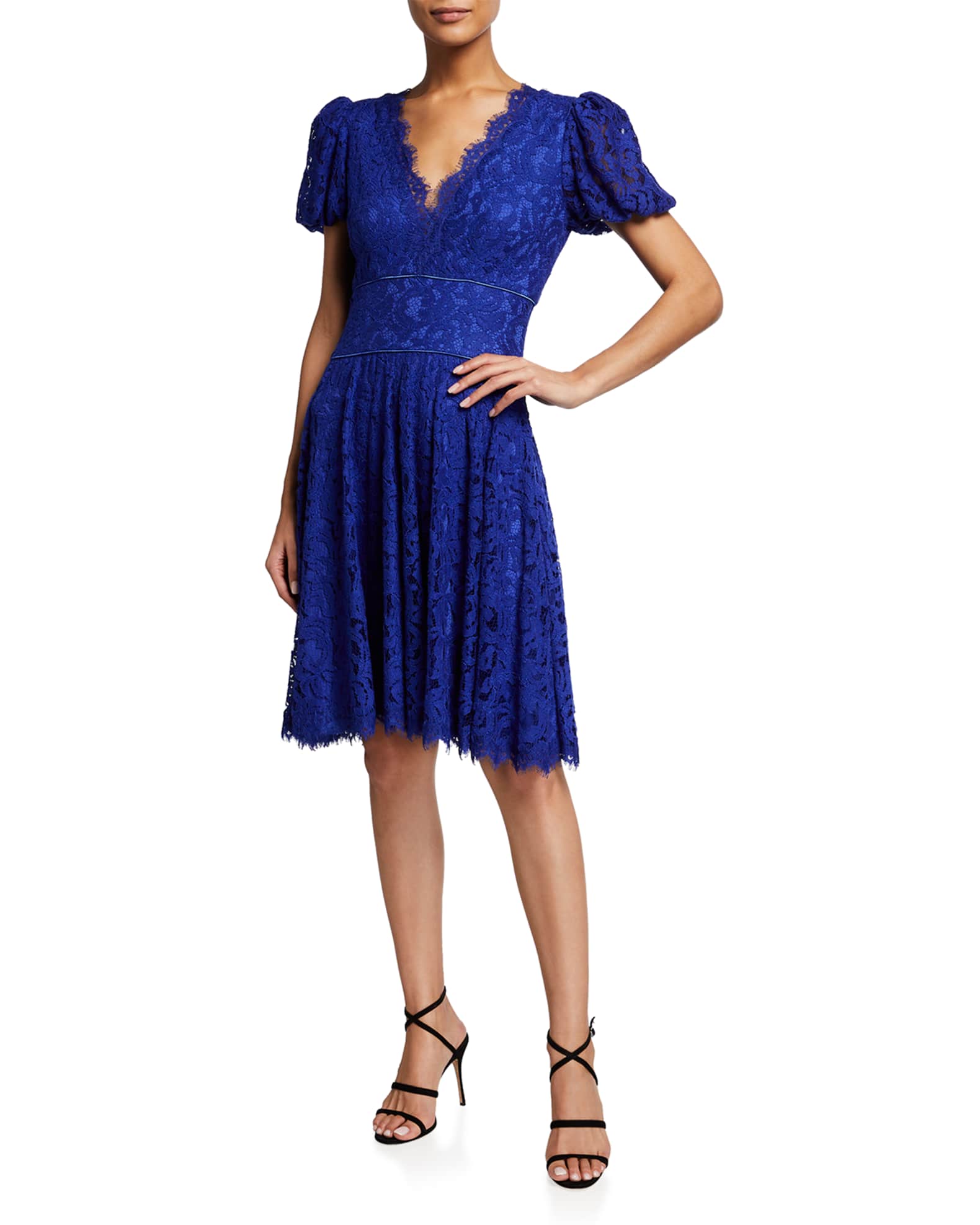SHO V-Neck Short-Sleeve Lace Dress | Neiman Marcus