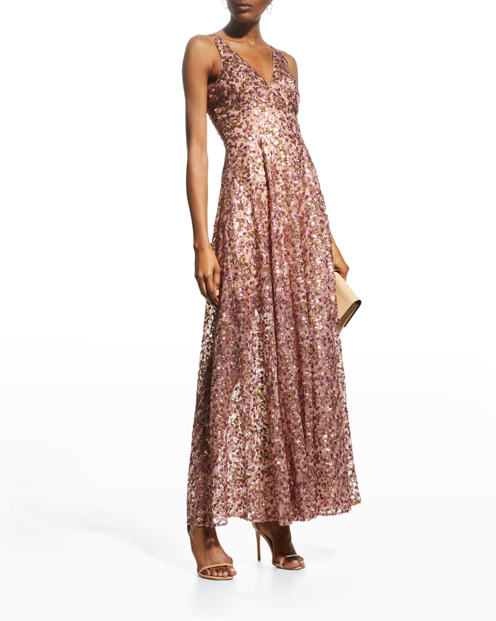 Dress The Population Ariyah V-Neck Sequin A-Line Gown | Neiman Marcus