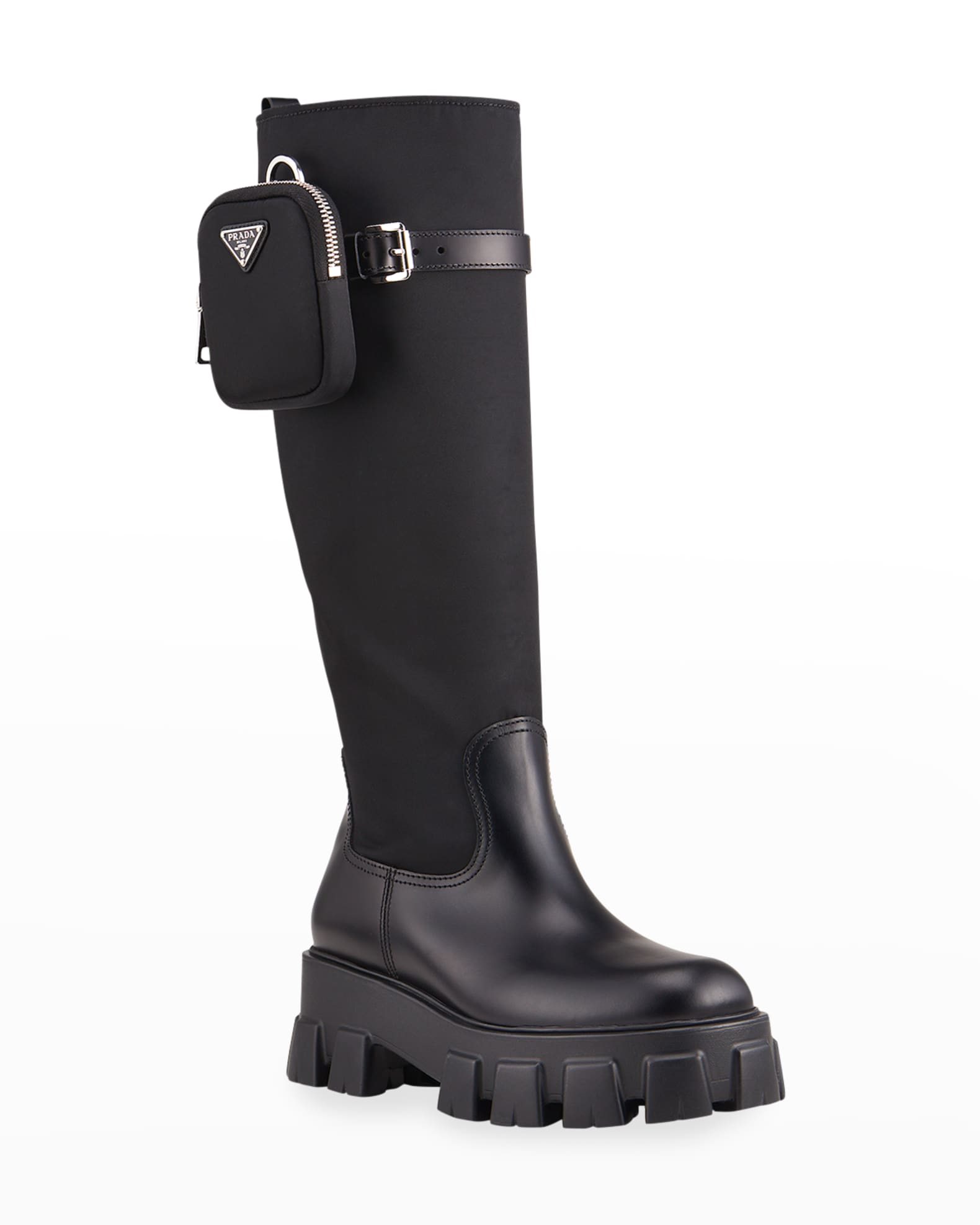 Prada Monolith Nylon Zip-Pocket Platform Riding Boots | Neiman Marcus