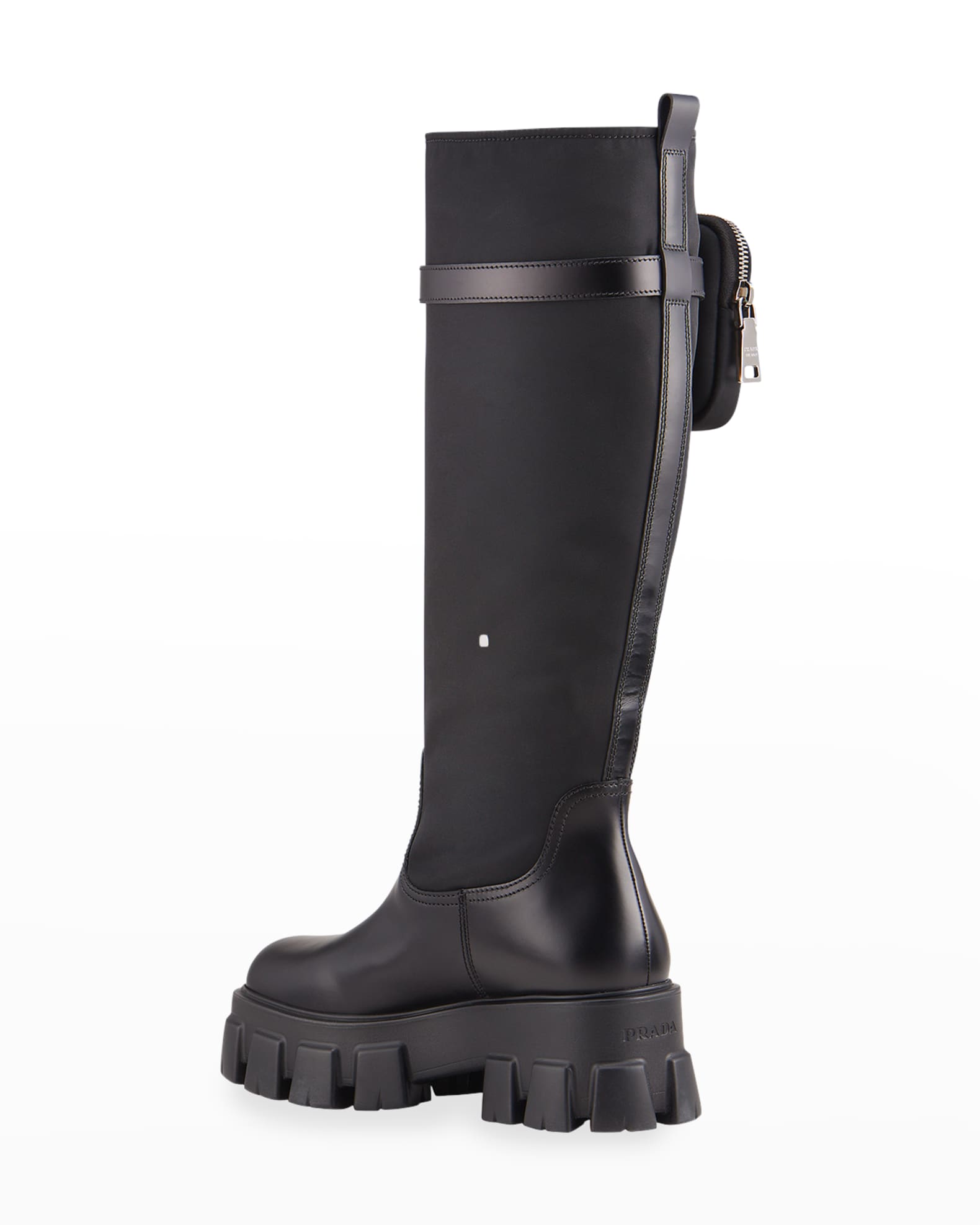 Prada Monolith Nylon Zip-Pocket Platform Riding Boots | Neiman Marcus