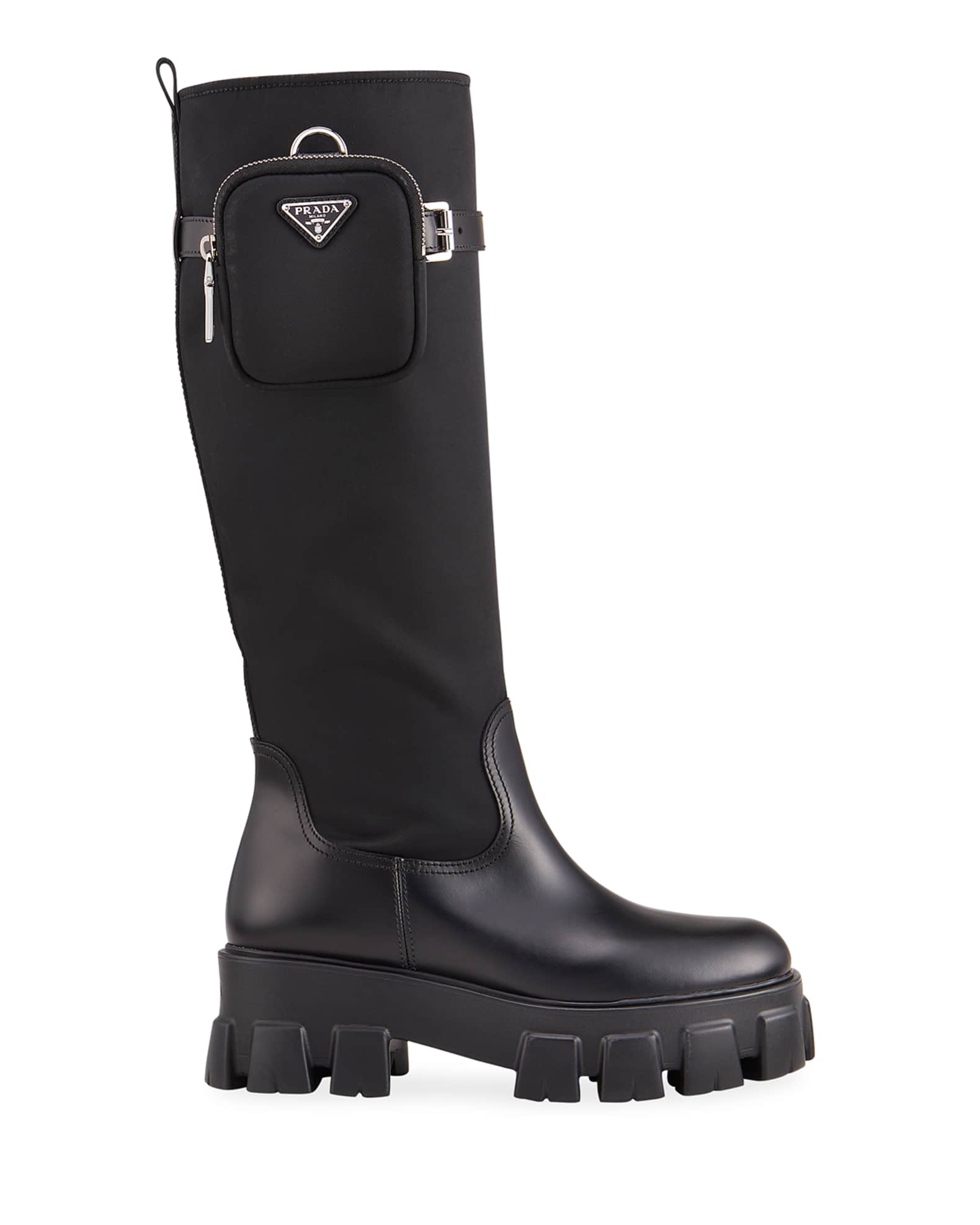 Prada Monolith Nylon Zip-Pocket Platform Riding Boots | Neiman Marcus