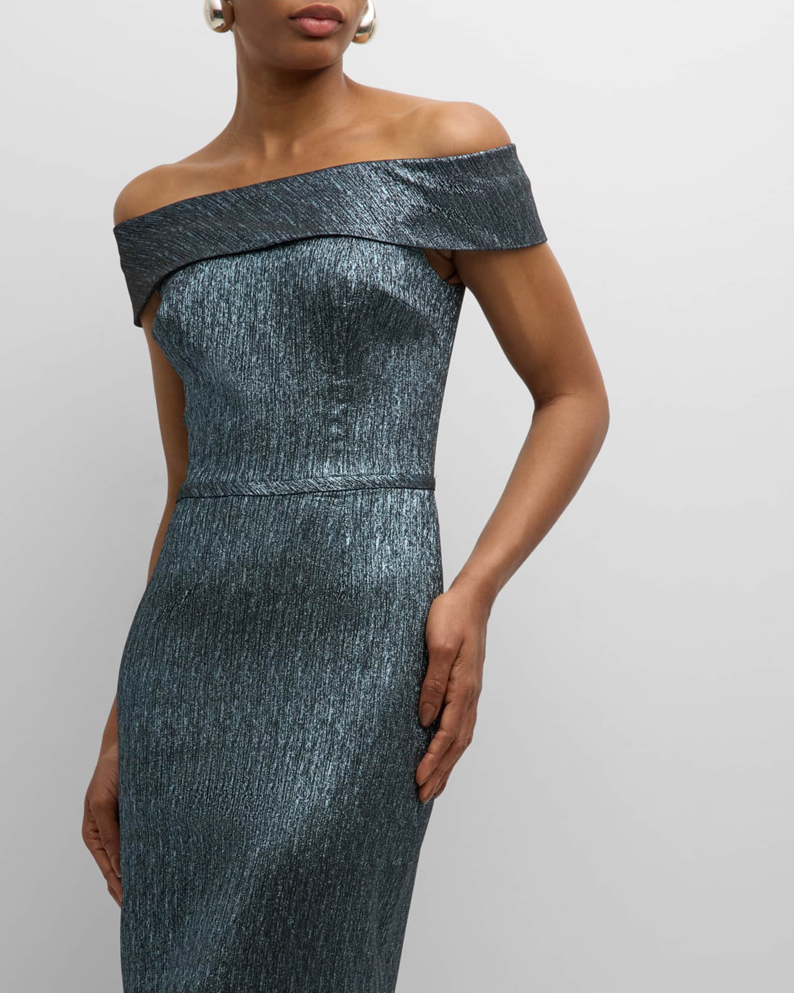 Rickie Freeman for Teri Jon Off-Shoulder Metallic Column Gown | Neiman ...