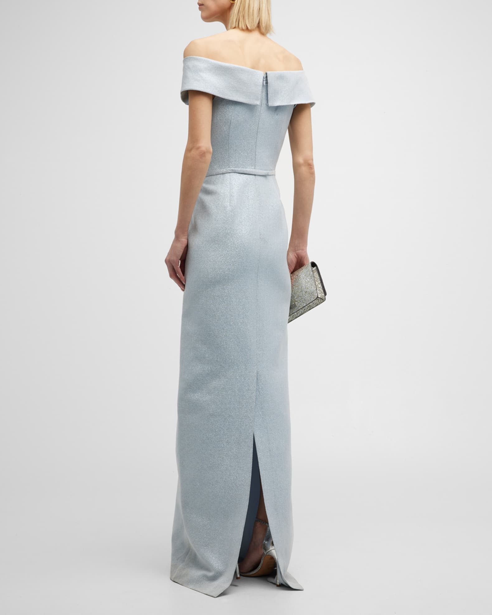 Rickie Freeman for Teri Jon Off-Shoulder Metallic Column Gown | Neiman ...